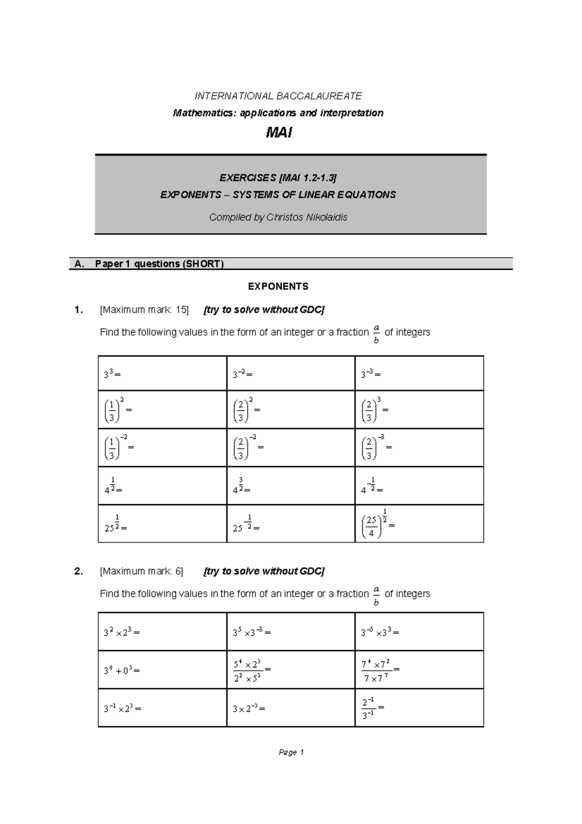 MAI 1.2-1.3 Exponents & Systems of Linear Equations Exercises - Studocu