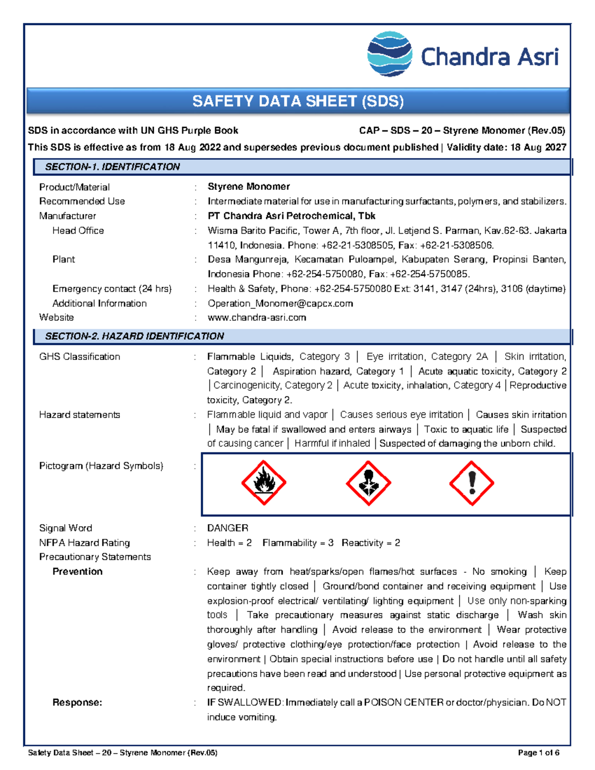 SDS CAP - Styrene Monomer (Rev.05) - Safety & Hazard Information - Studocu
