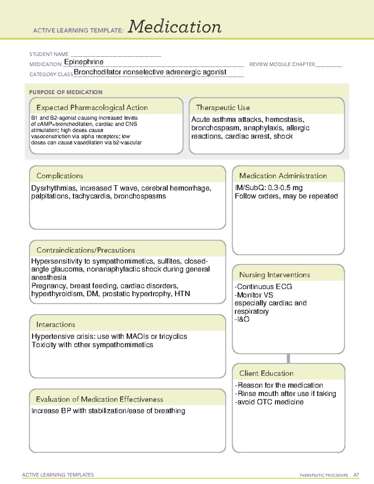Epinephrine Therapeutic Procedure - ATI Active Learning Template - Studocu