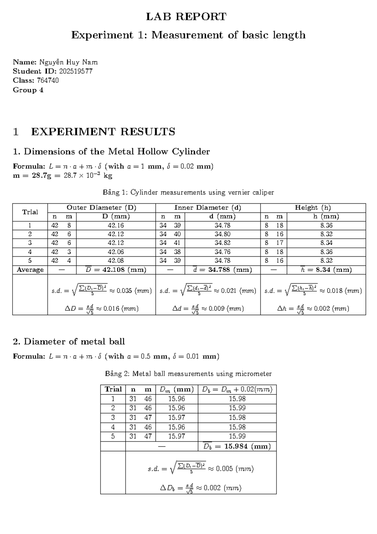 LAB REPORT 764740: Experiment 1 - Measurement of Lengths - Studocu