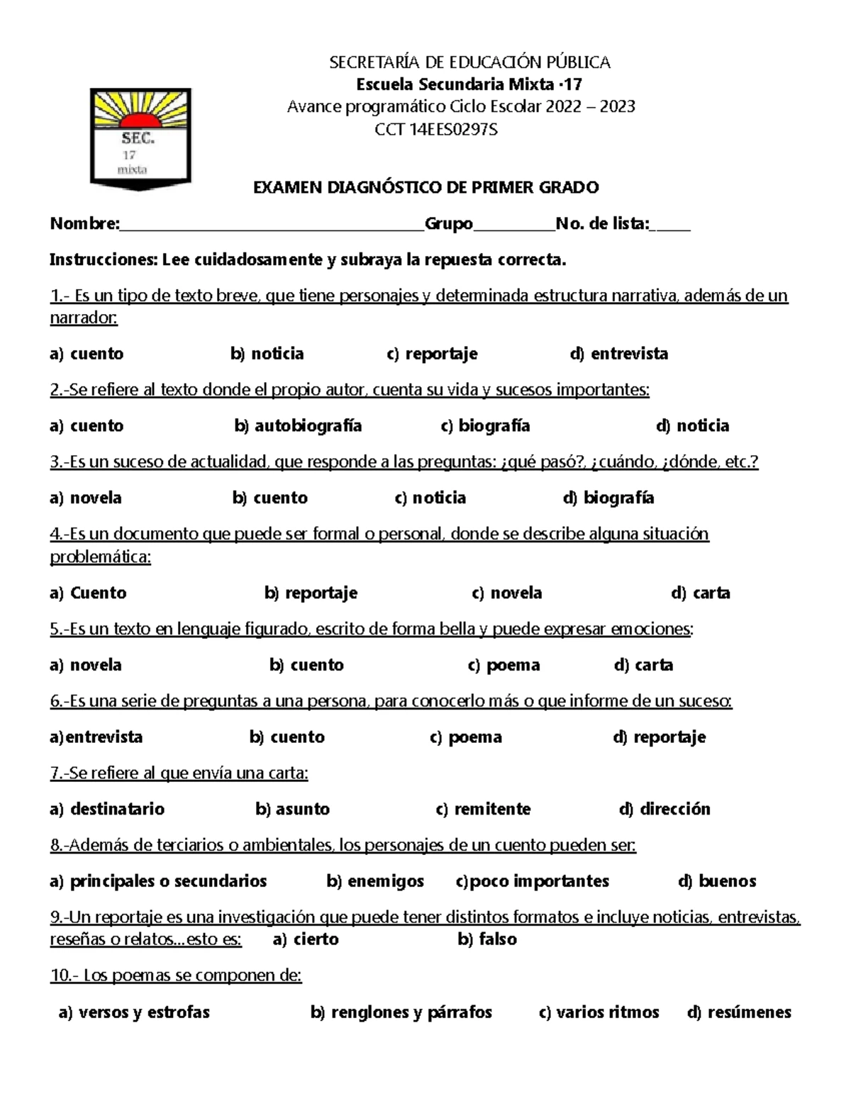 Español 3 - Examen Diagnóstico 2022-2023 - Evaluación de Contenidos ...