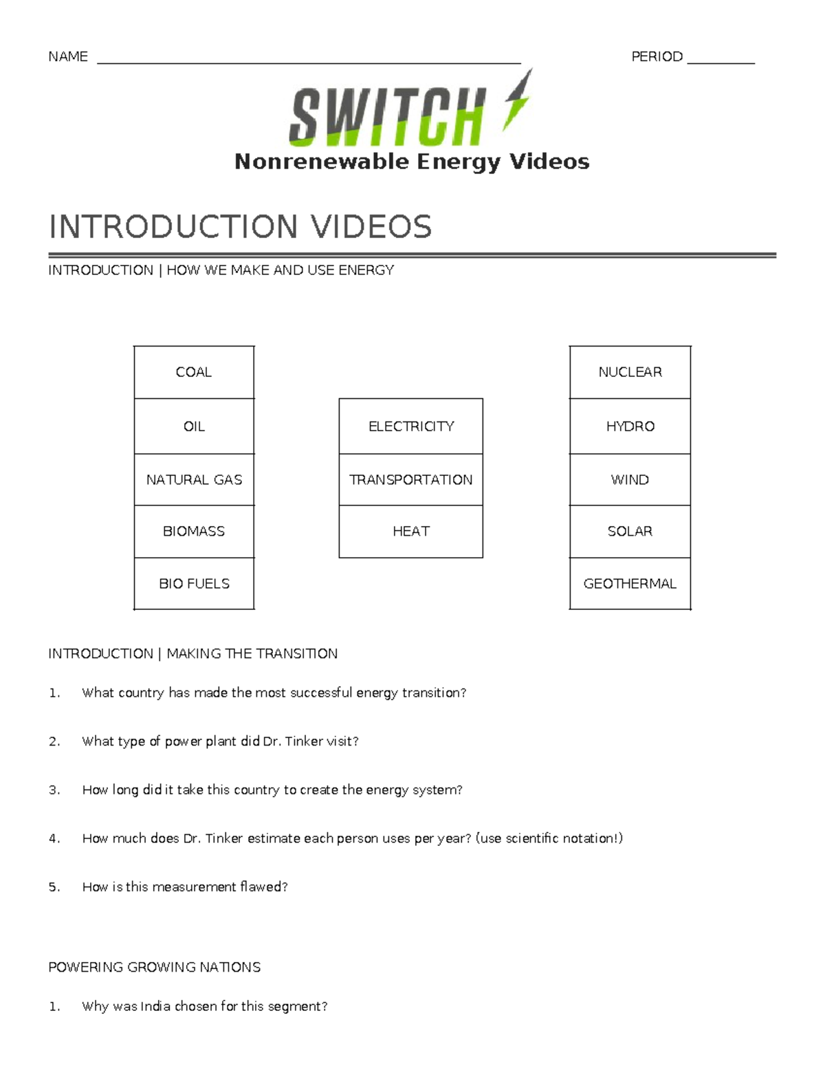 Switch Energy Video Questions - Key Concepts and Insights - Studocu