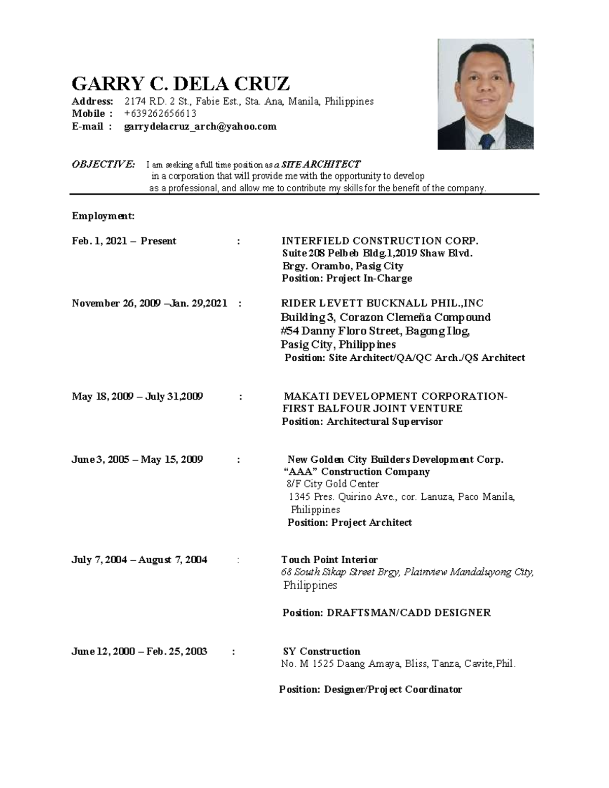 Resume of Garry C. Dela Cruz - Site Architect & Project Manager - Studocu