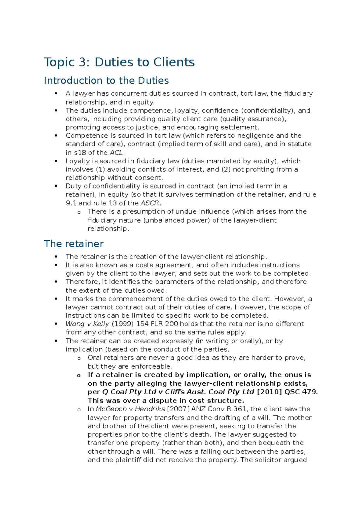 MLP235 Duties to Clients Notes Topic 3 - Topic 3: Duties to Clients ...