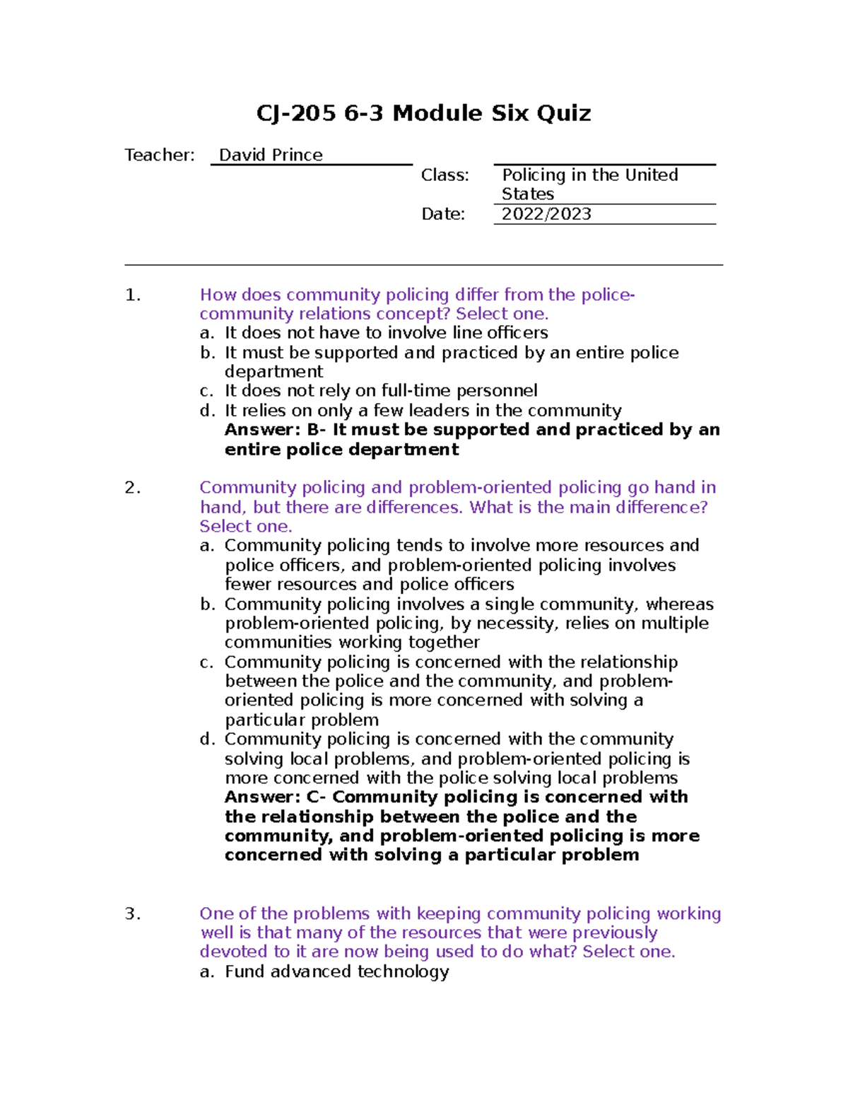 CJ 205 Module 6 Quiz - Key Concepts in Community Policing - Studocu