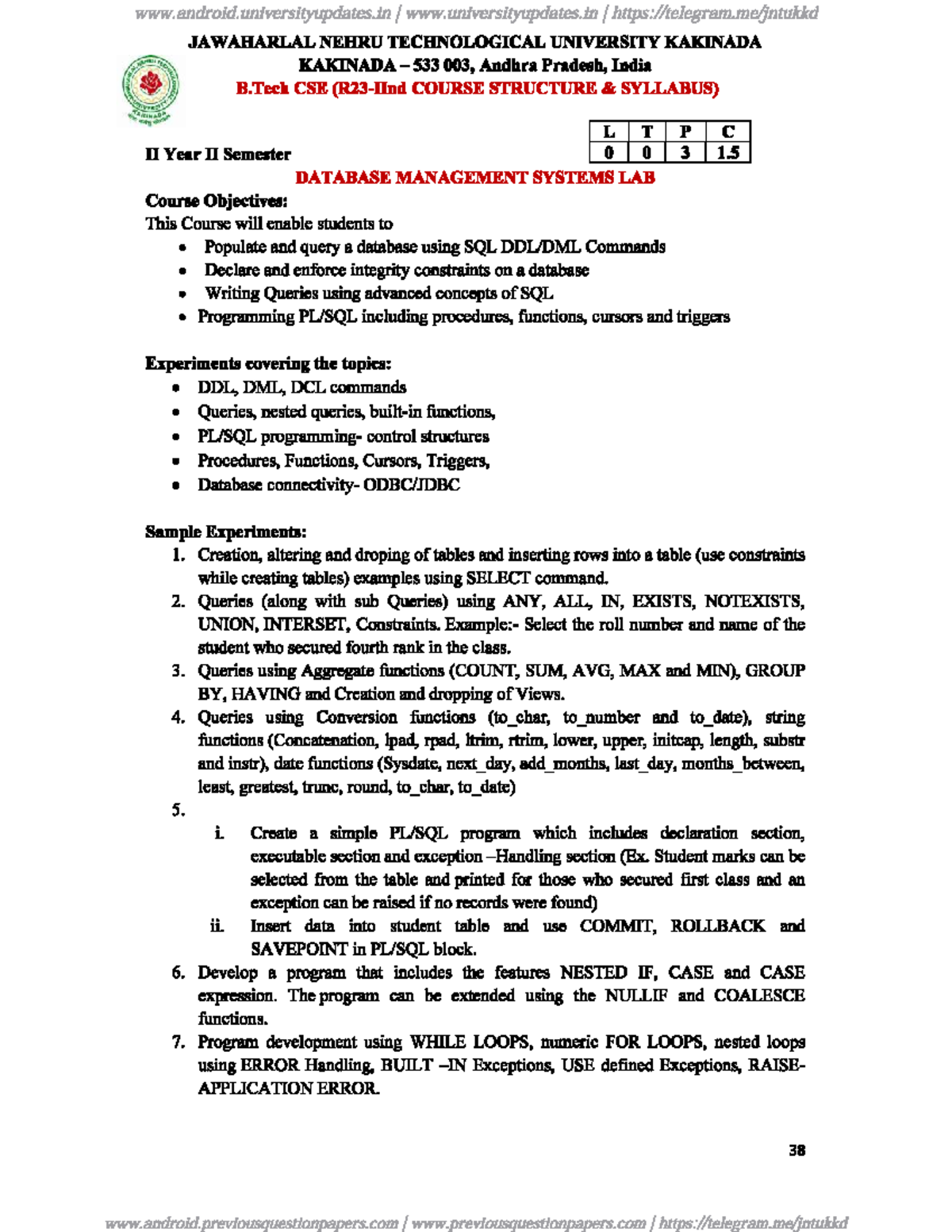 DBMS LAB (CSE 00315) - Course Structure & Experiments - Studocu