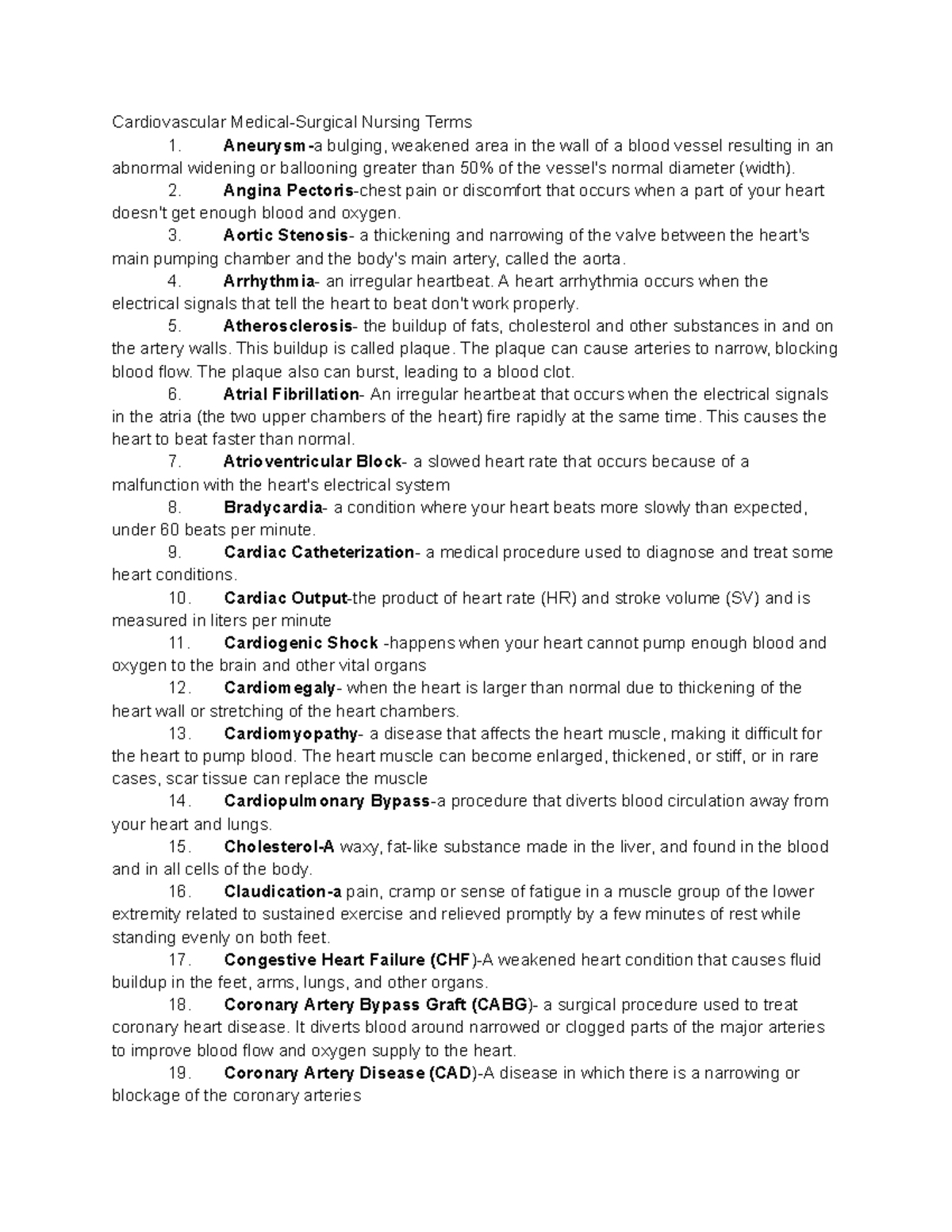 Nursing Terms for Cardiovascular & Respiratory Conditions in MED 101 ...
