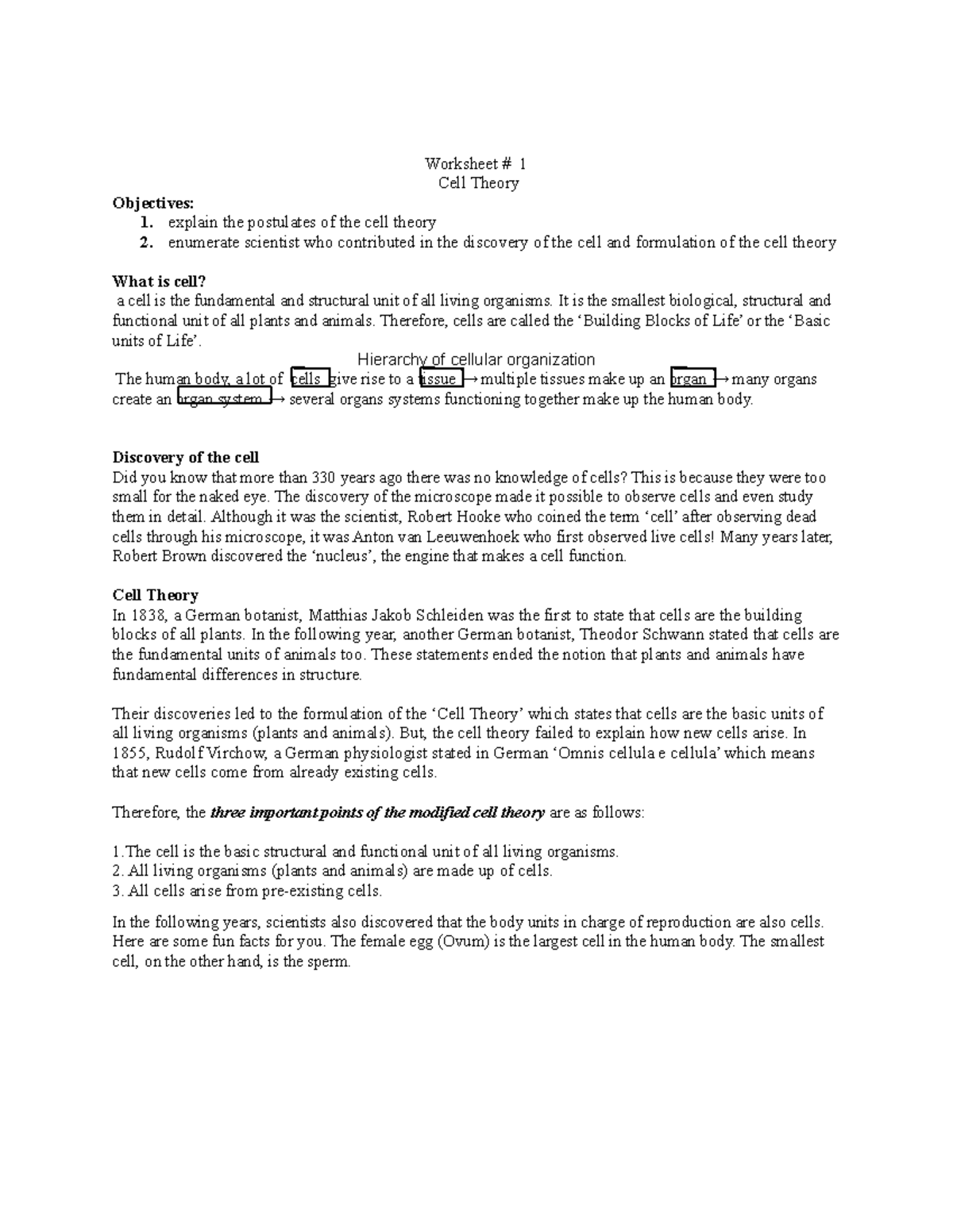 Worksheet # 1(Cell Theory) - Worksheet # 1 Cell Theory Objectives ...