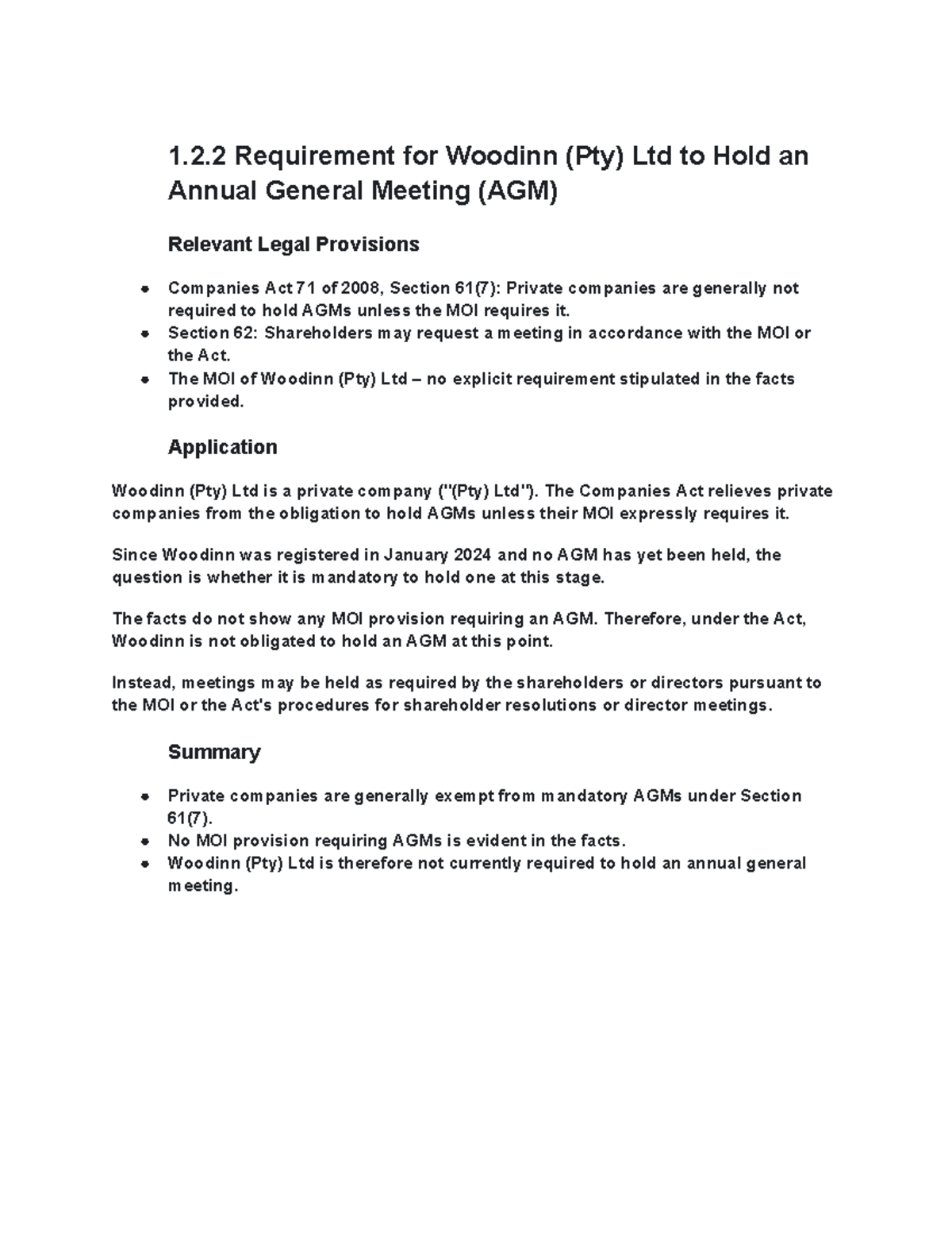 AGM Requirements for Woodinn (Pty) Ltd: Legal Analysis - Studocu