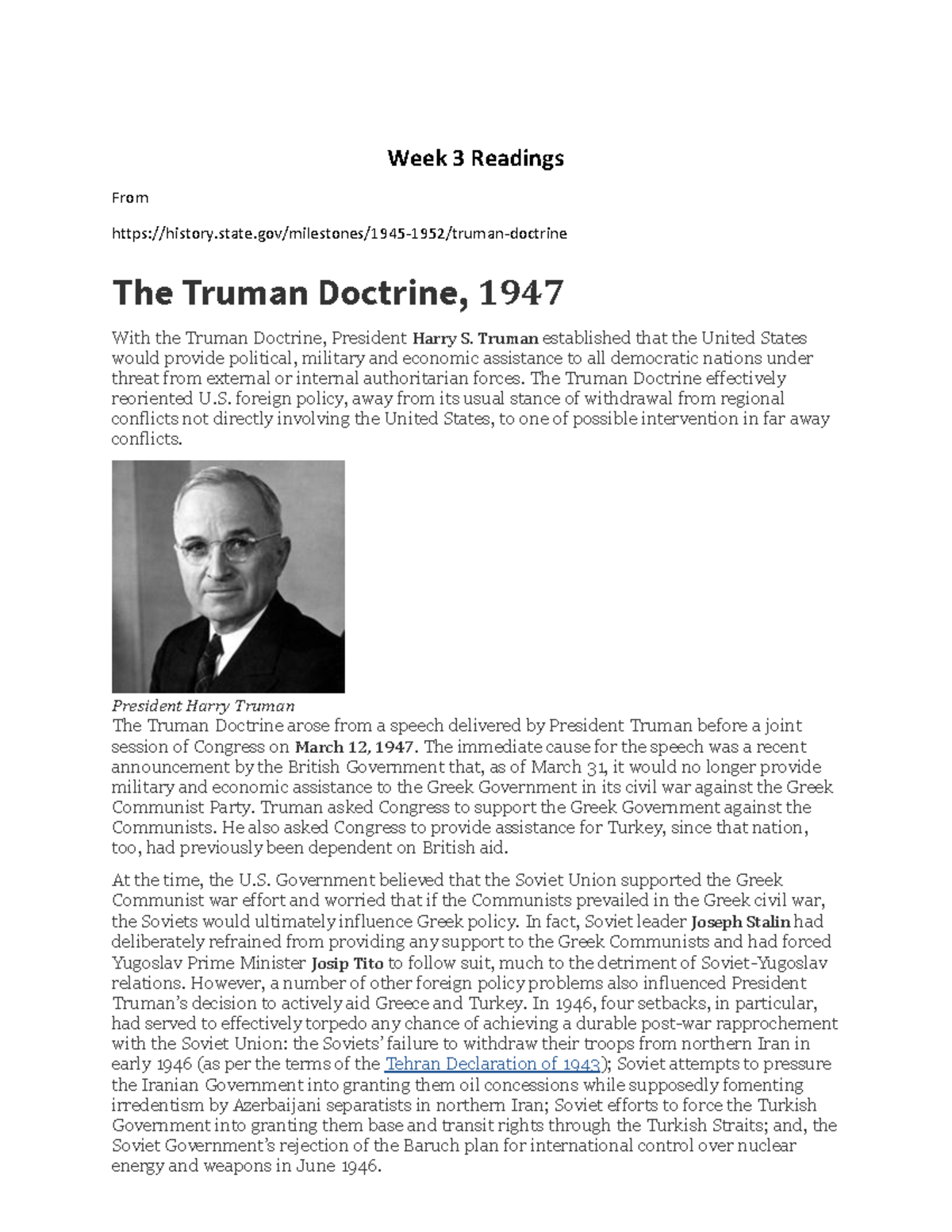 Week 3 Readings: The Truman Doctrine and Cold War Containment Policy ...