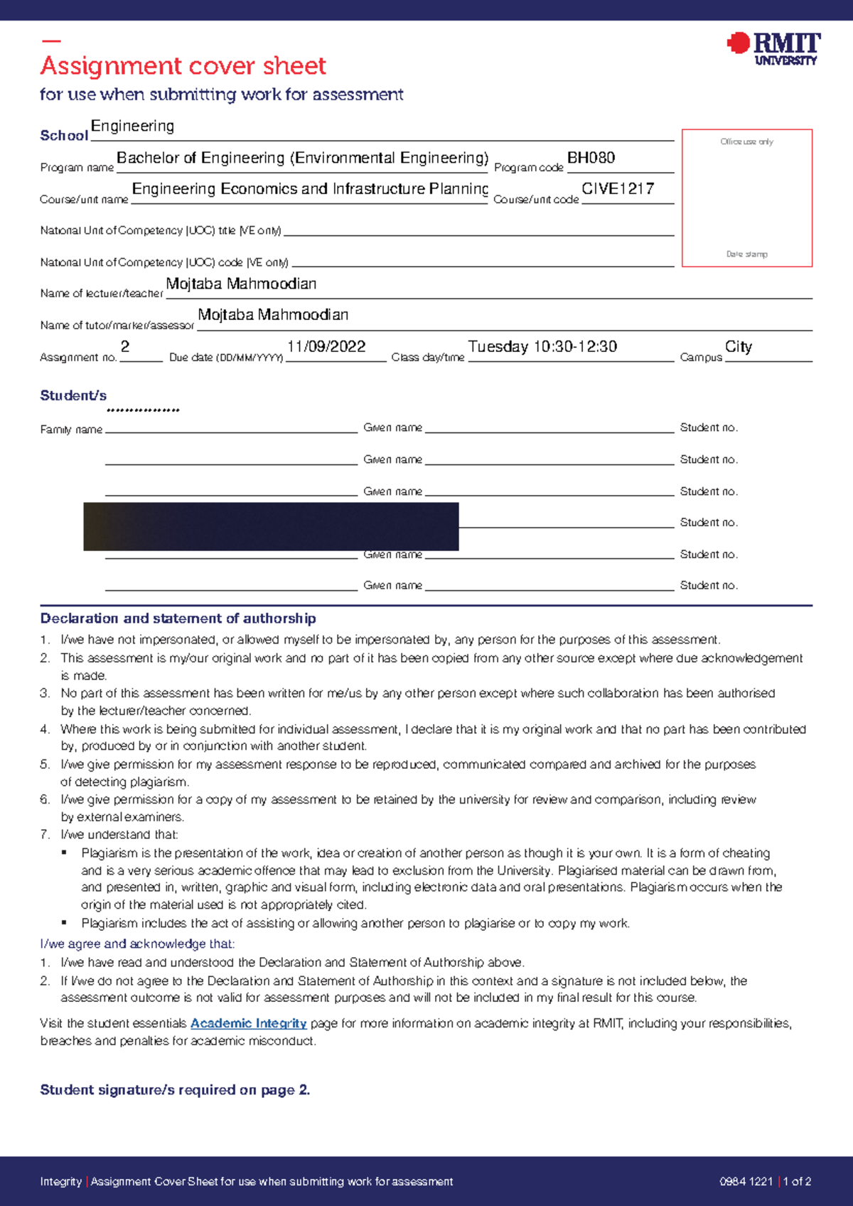 CIVE1217 Assignment Cover Sheet for Engineering Economics and ...