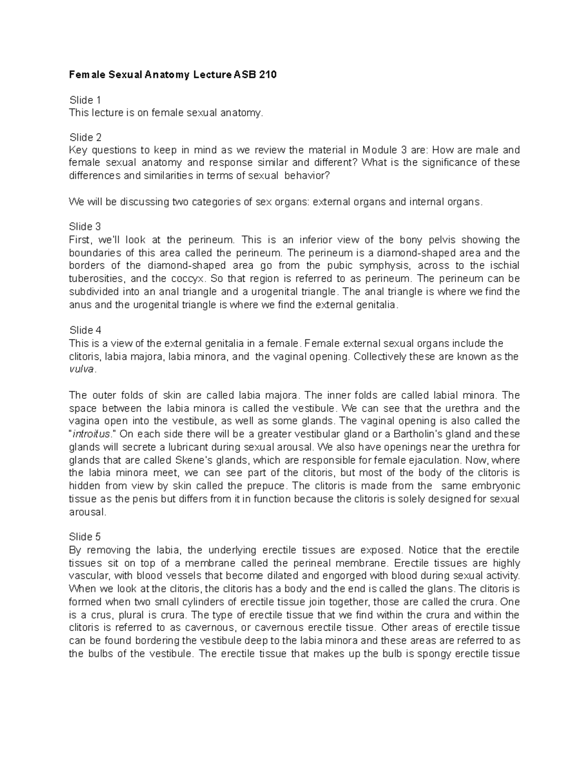 Female Sexual Anatomy Lecture ASB 210: Key Concepts and Structures ...