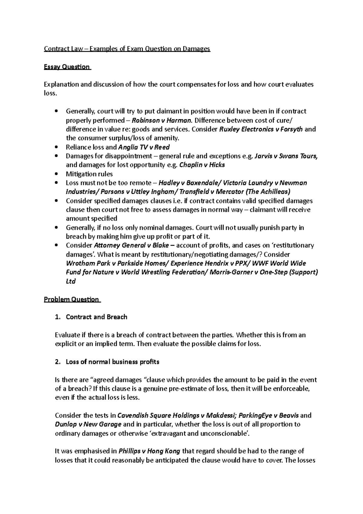 Contract Law (CL101) – Exam Questions & Analysis on Damages - Studocu