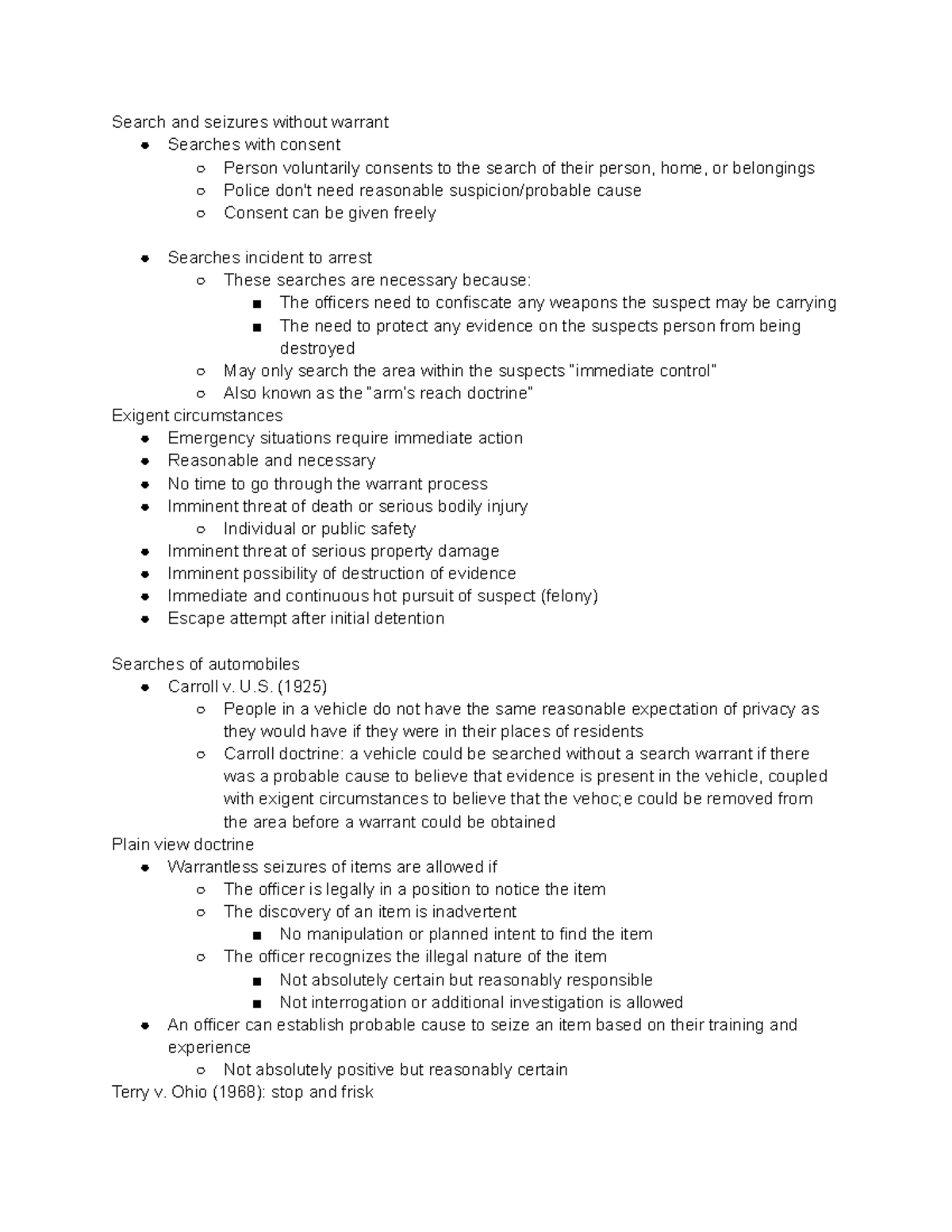CRJ 102 Intro to Criminal Justice - Search and Seizure Notes - Studocu