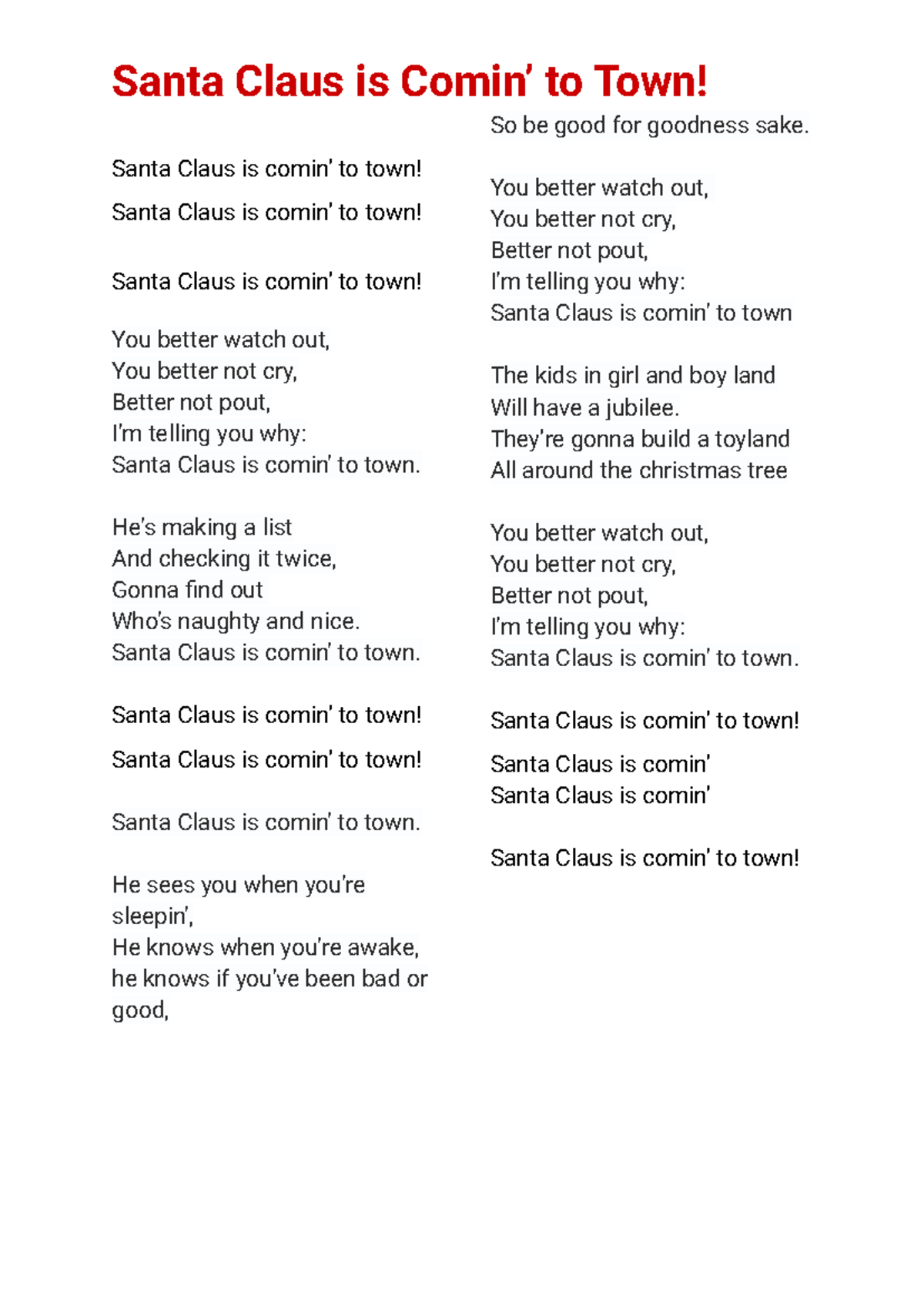 Santa Claus is Comin' to Town (Lyrics) - Studocu