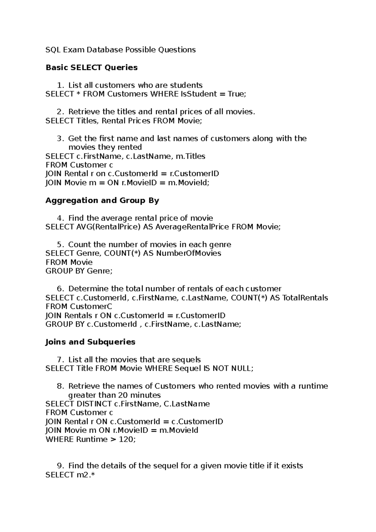 SQL 101 Midterm Exam Sample Questions and Answers - Studocu