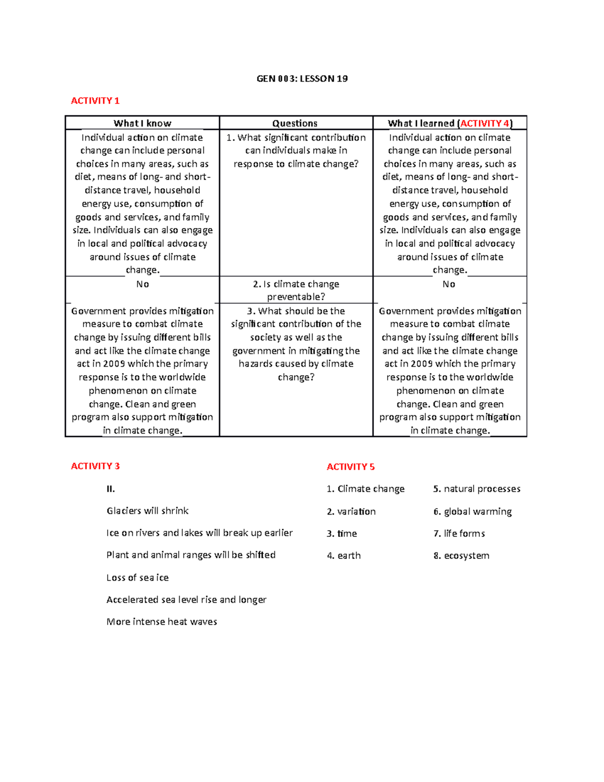 GEN 003 - Lesson 19 - GEN 003: LESSON 19 ACTIVITY 1 What I know Questions What I learned ...