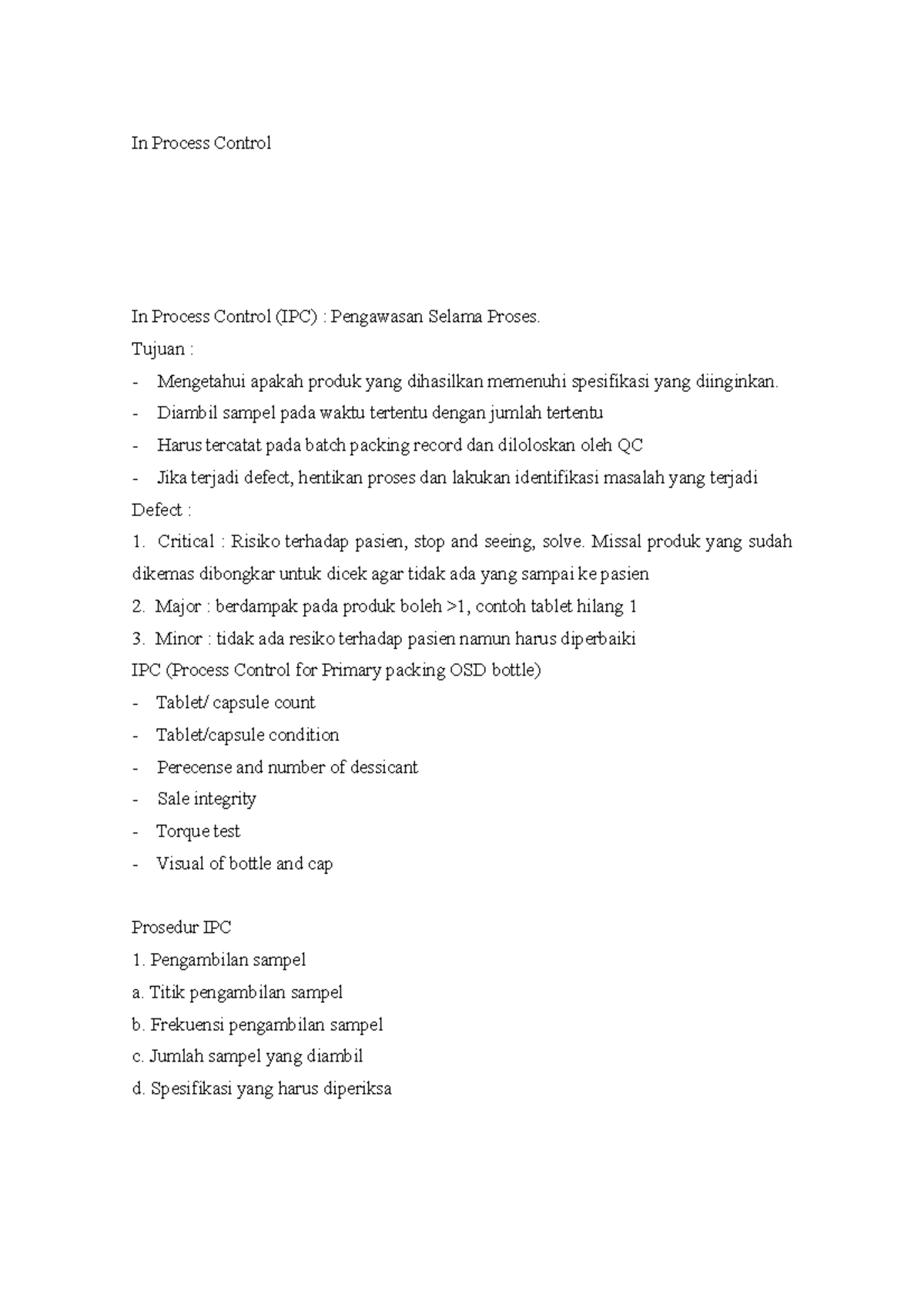 IPC Process Control Procedures and Defect Management Guidelines - Studocu