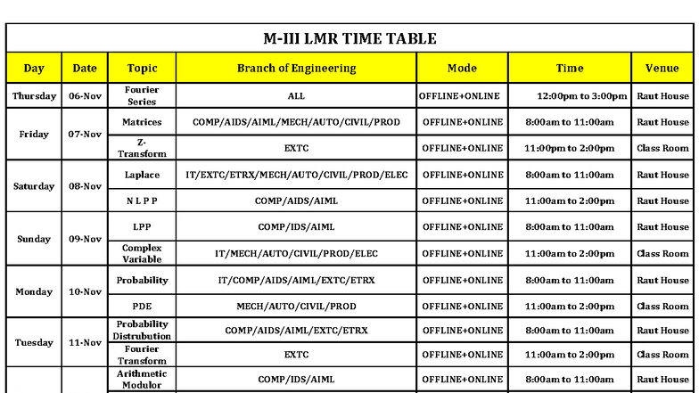 LMR TIME TABLE: Engineering Topics & Schedule Overview - Studocu