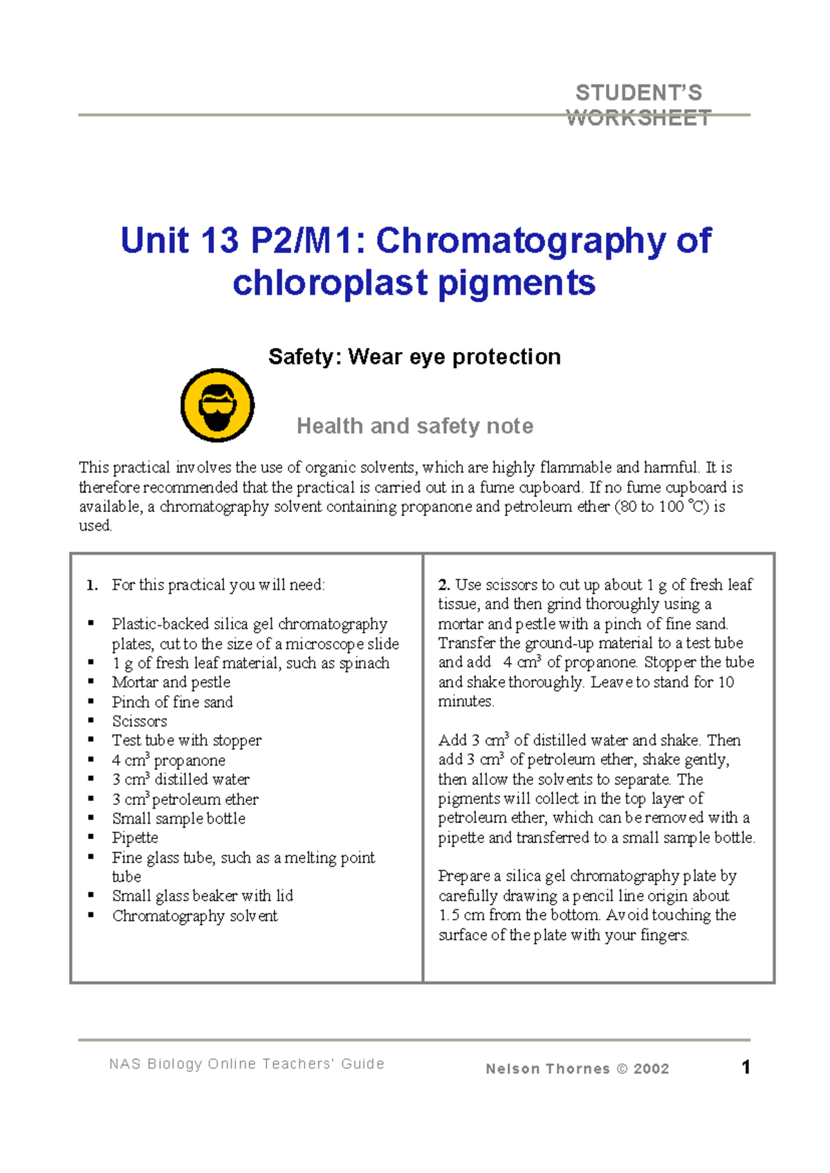 Unit 4 Practical 6: Chromatography of Chloroplast Pigments Worksheet ...