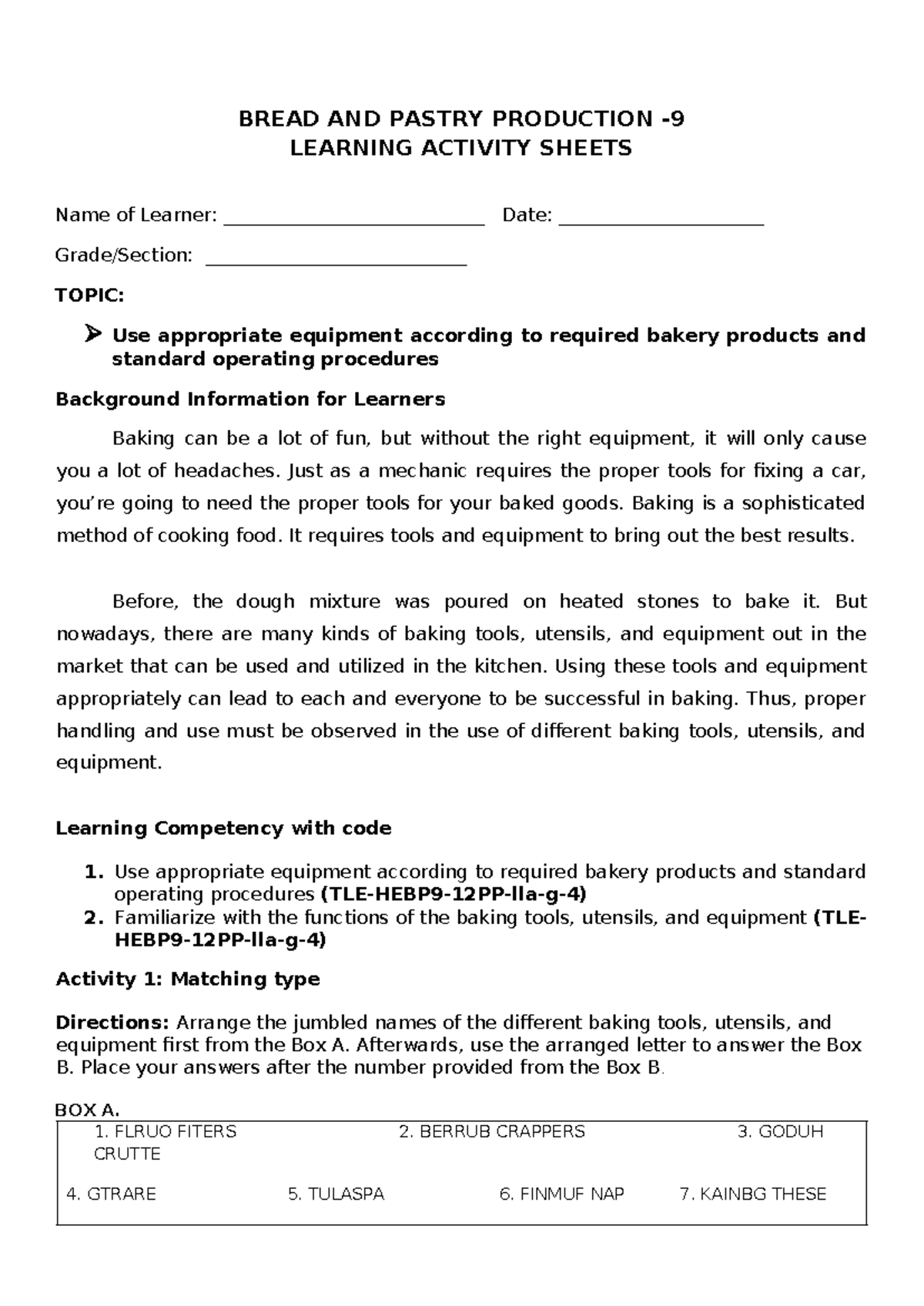 Activity sheet tools - BREAD AND PASTRY PRODUCTION - LEARNING ACTIVITY ...