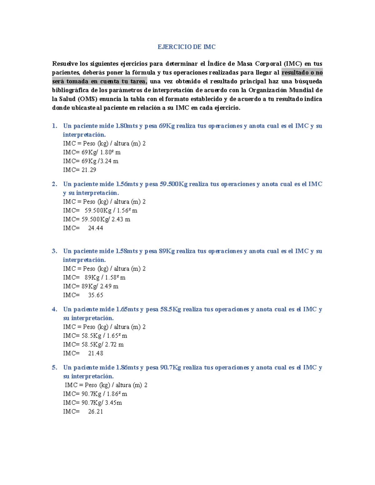 Ejercicio de Cálculo de IMC 2023: Resoluciones y Interpretaciones - Studocu