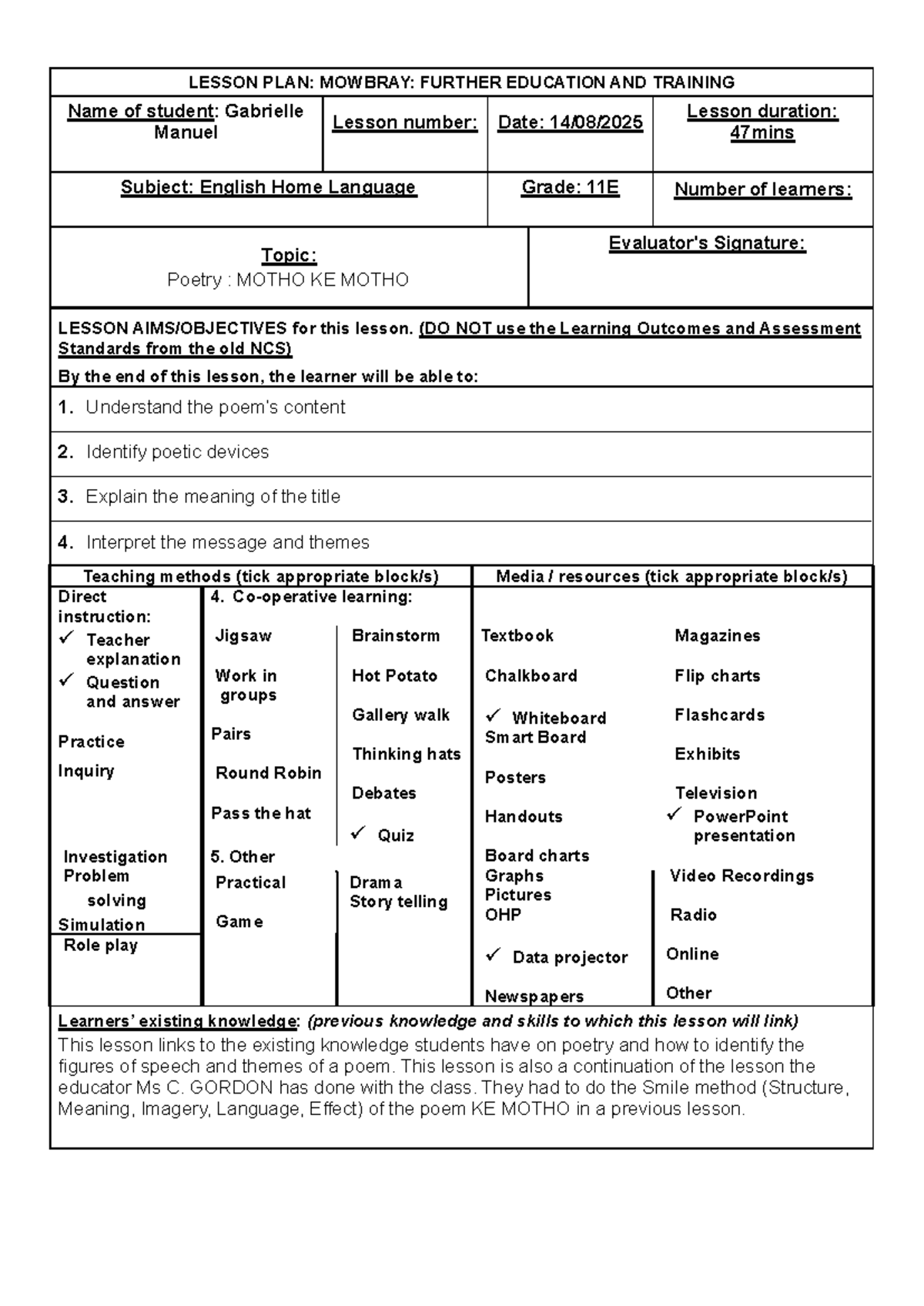 Lesson Plan: Grade 11E English Home Language - Poetry Focus - Studocu