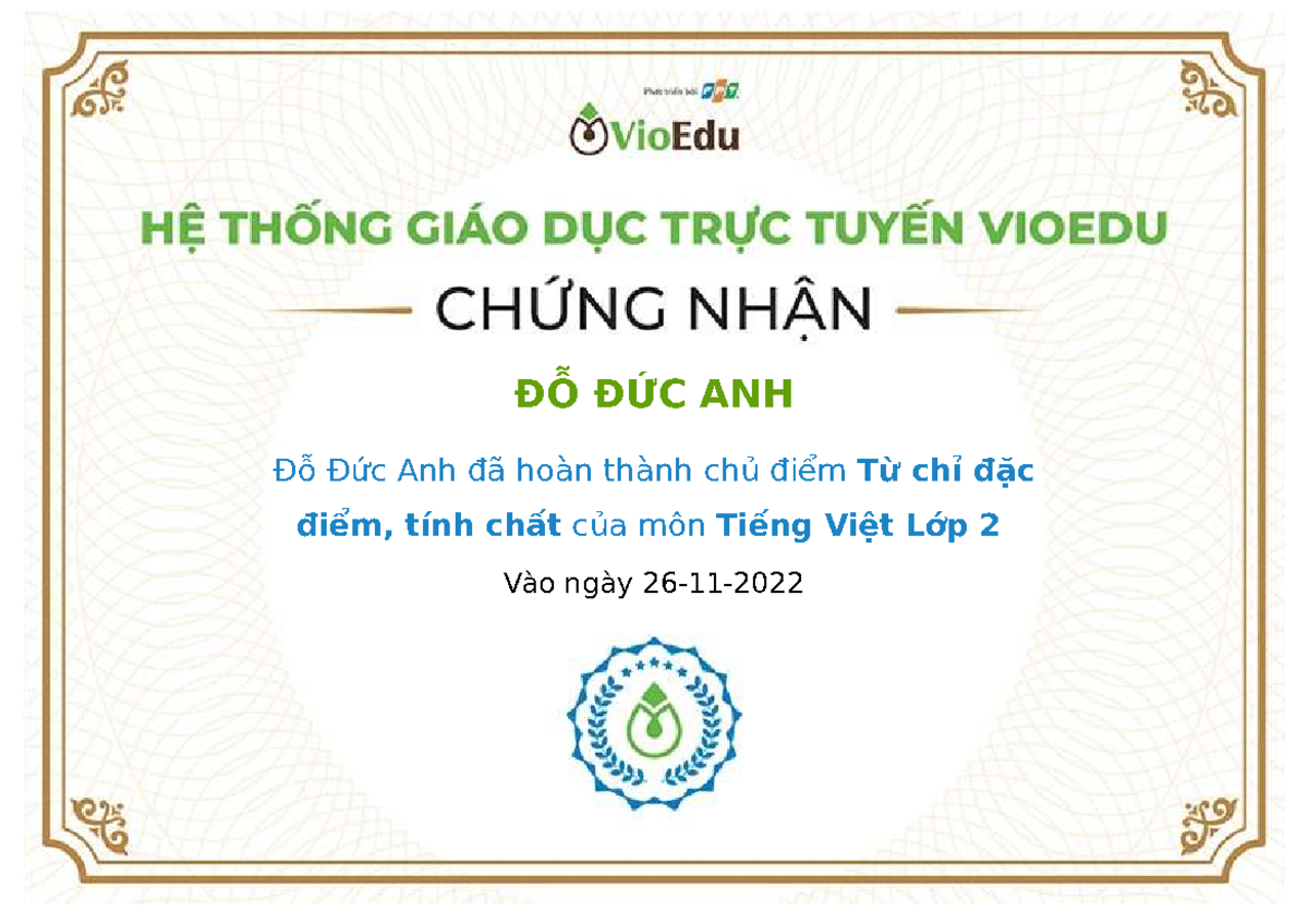 Vio Edu Certificate - ok 2025 - English - ĐỖ ĐỨC ANH Đỗ Đức Anh đã hoàn thành chủ điểm Từ chỉ ...