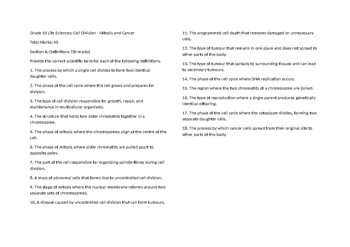 Grade 10 Life Sciences: Mitosis Topic Test Review and Questions - Studocu