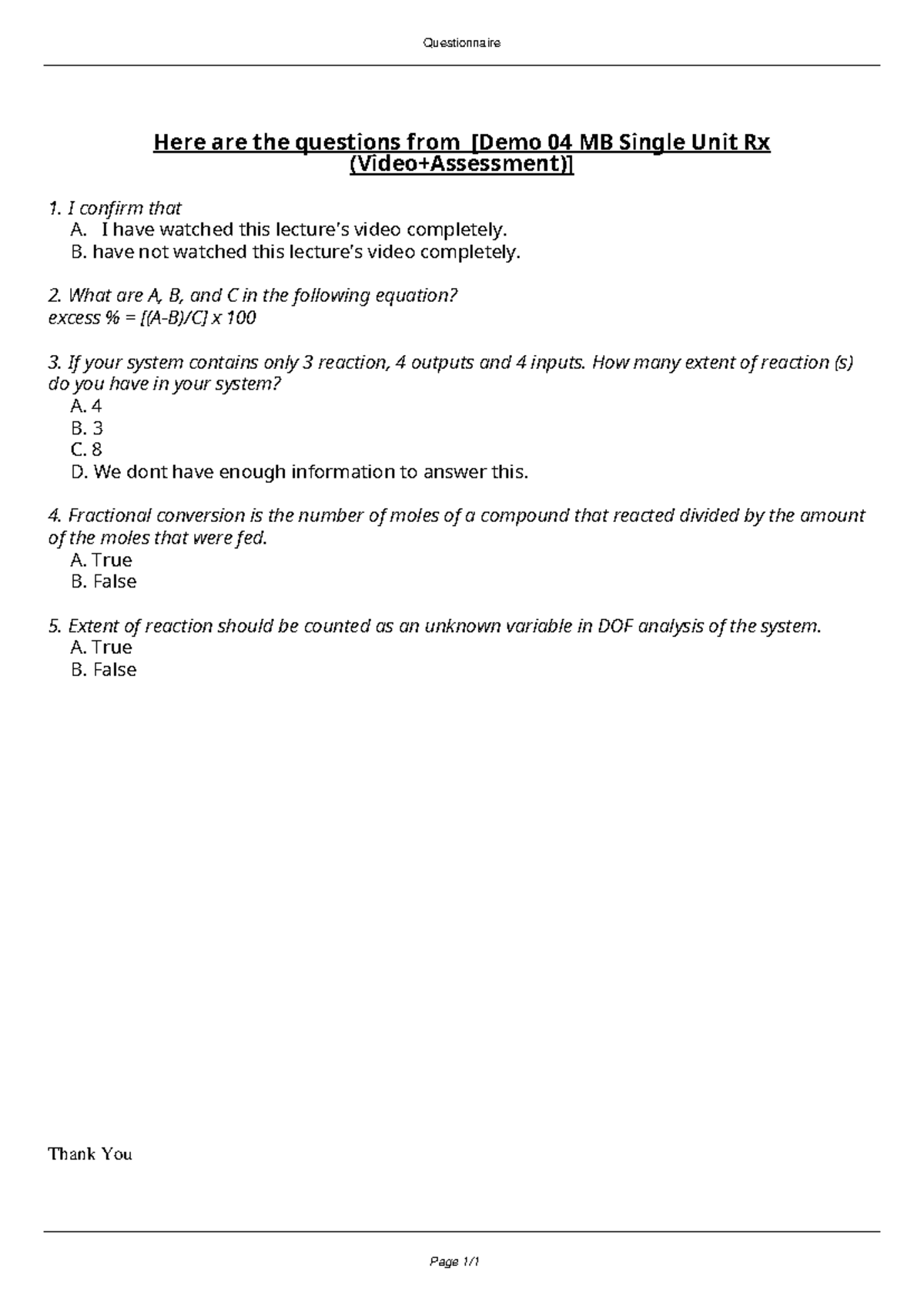 Questionnaire for Demo 04: Single Unit Rx Analysis - Studocu