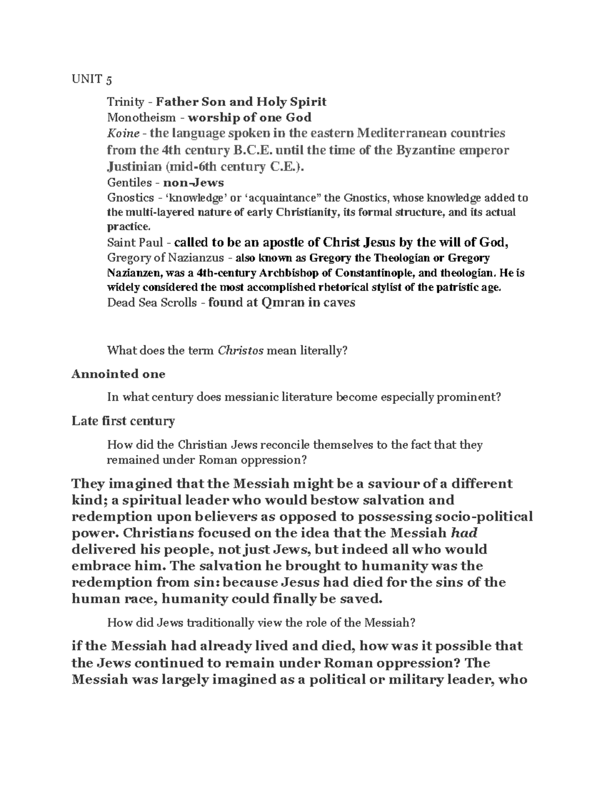 HUMN313 U5 - Lecture Notes on Early Christianity and Monotheism - Studocu