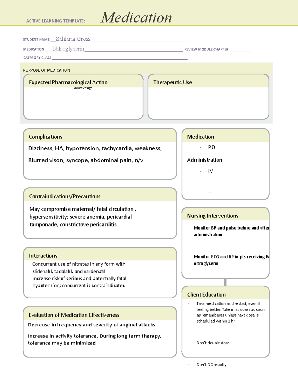 Nitroglycerin Medication Template - STUDENT NAME Schleria Gross