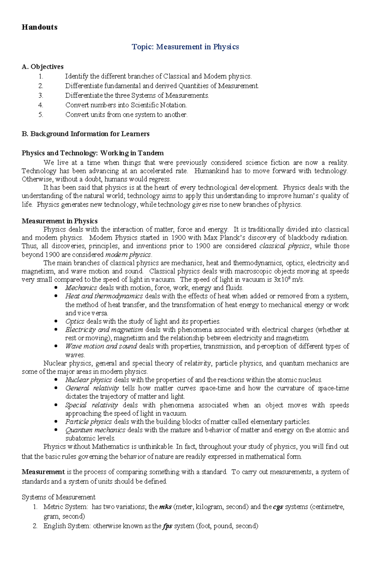 Handouts: Measurement in Physics - Concepts & Conversions - Studocu