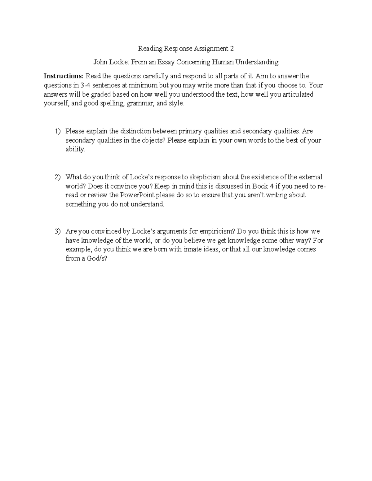 Reading Response Assignment 2 Intro to Locke C. Weinbaum - Reading ...