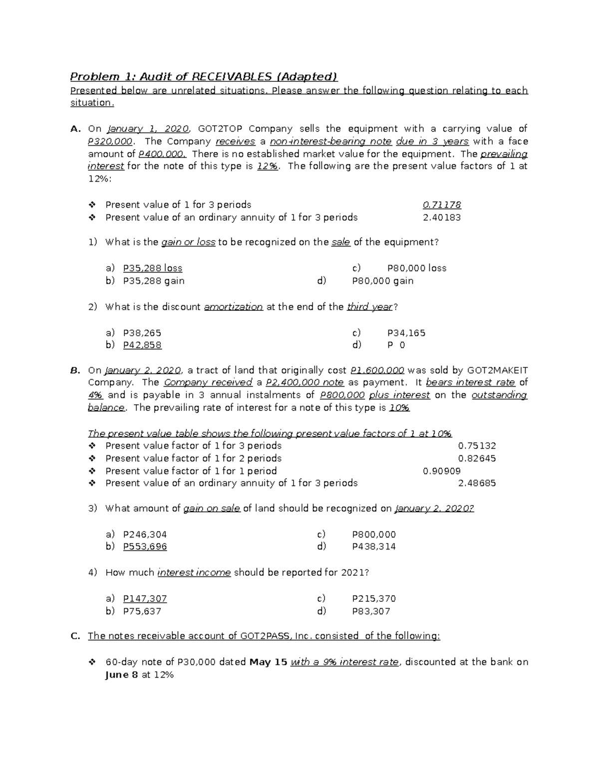 ACC 302 Audit of Receivables Prob - Problem 1: Audit of RECEIVABLES ...