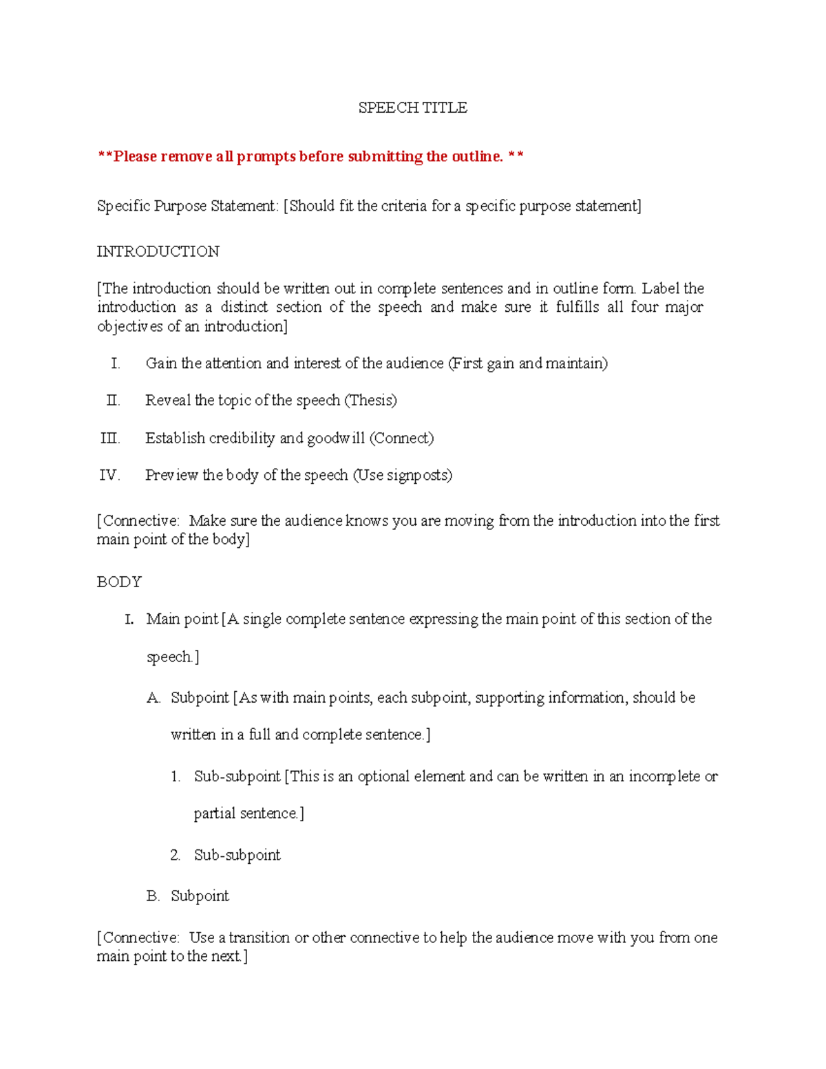 SPEECH 101: Preparation Outline Template for Effective Presentations ...