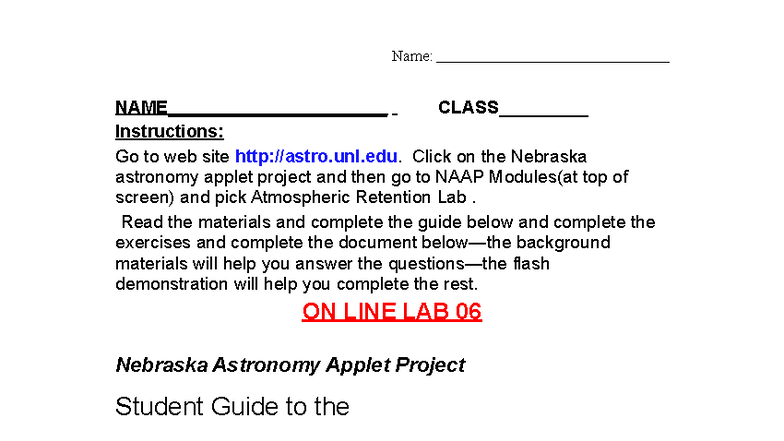 Atmospheric Retention Lab Worksheet (NAAP 06) - Student Guide - Studocu