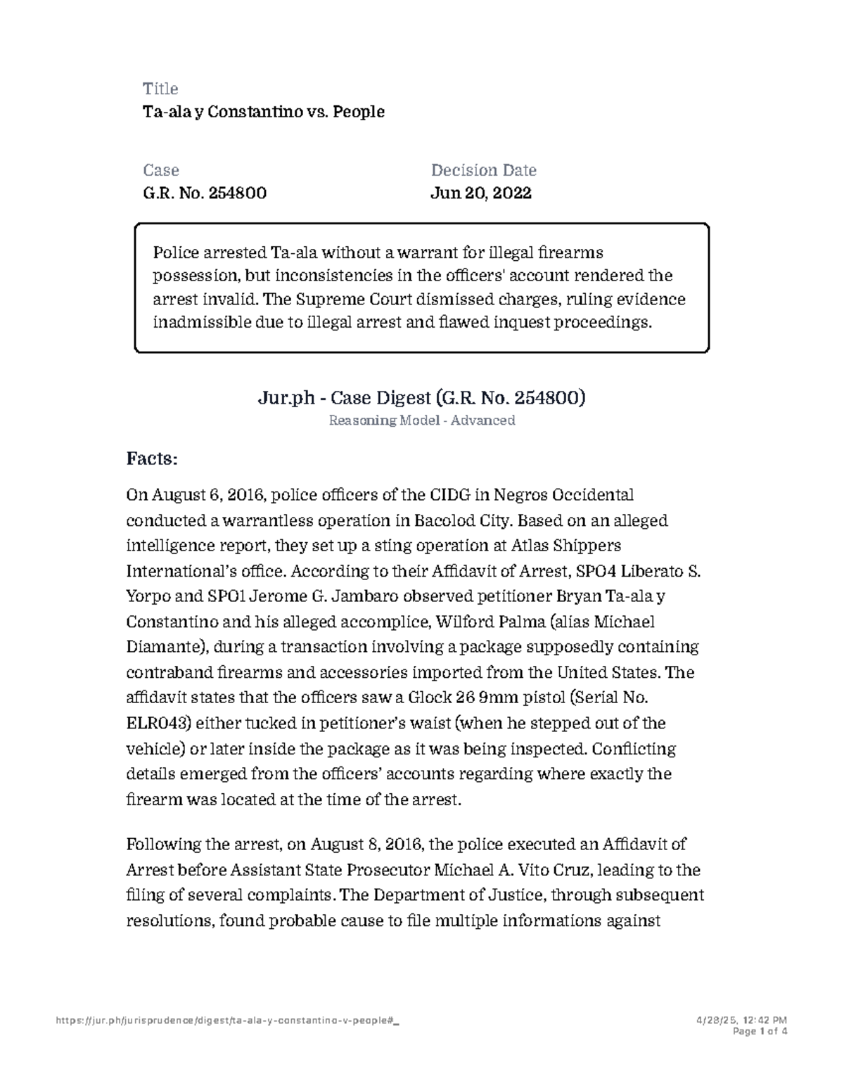 Case Digest: Ta-ala y Constantino vs. People (G.R. No. 254800) - Studocu