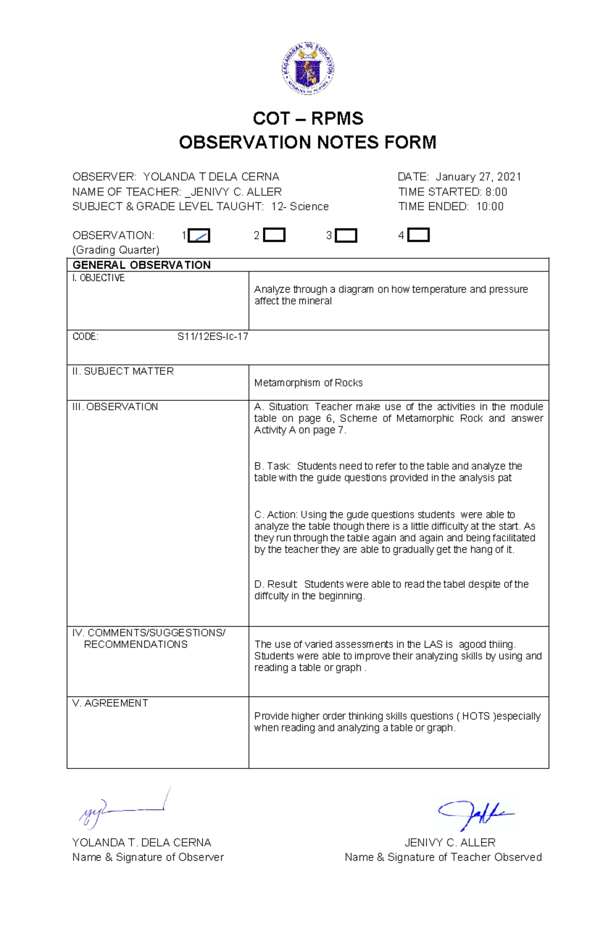 STAR-CO- Notes for observation - COT – RPMS OBSERVATION NOTES FORM ...