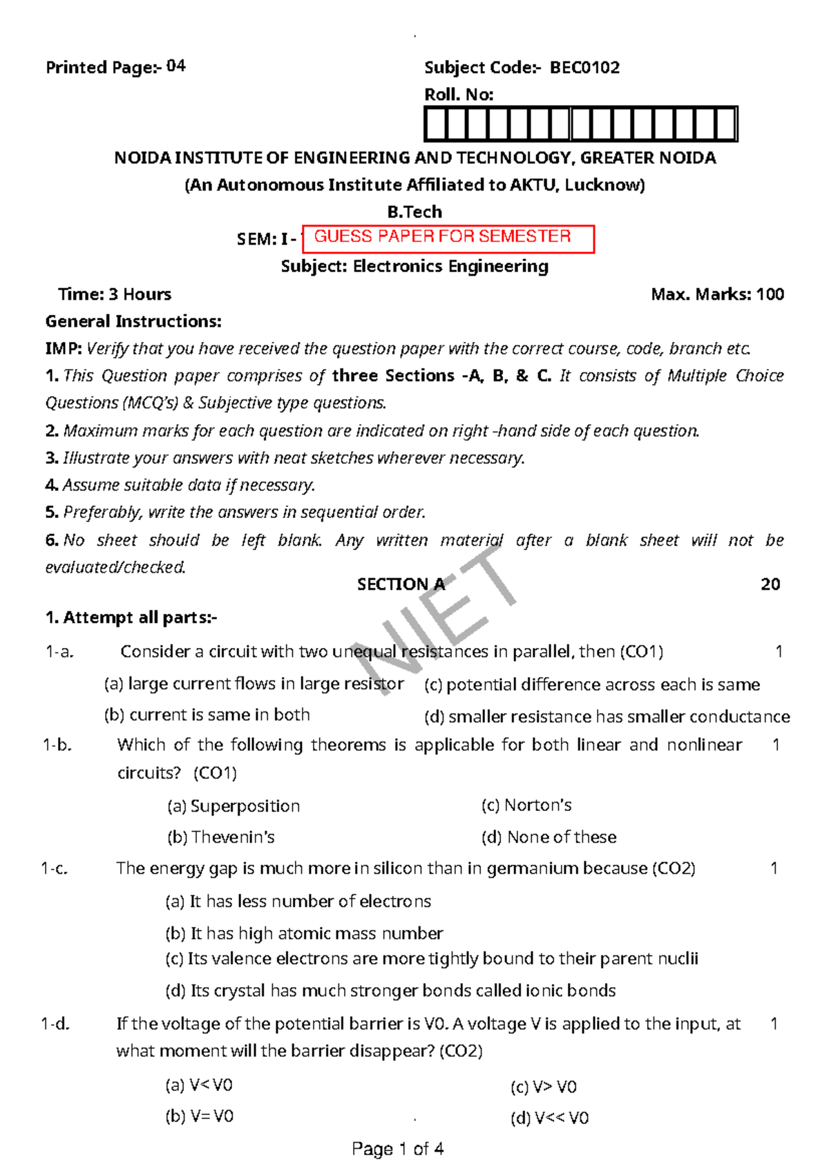 BEC0102 Guess Paper FOR ETE - NIET Printed Page:- Subject Code:- BEC ...