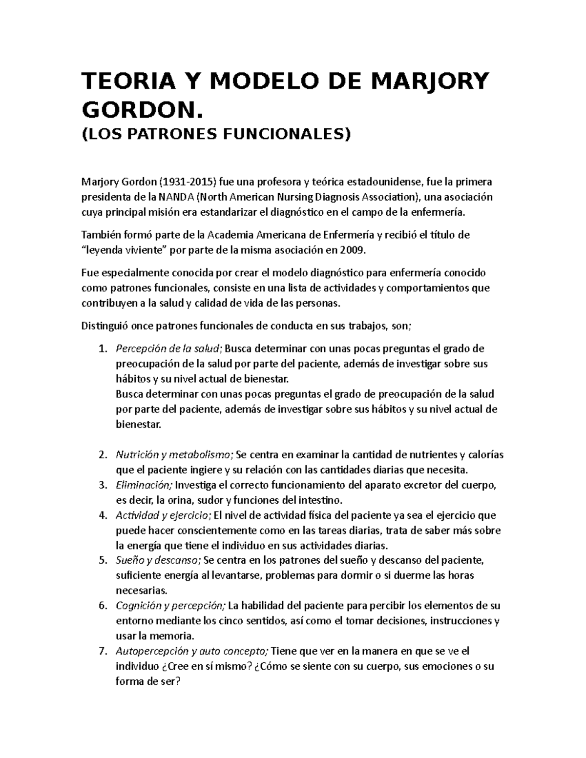 Teoría y Modelo de Marjory Gordon: Patrones Funcionales en Enfermería ...