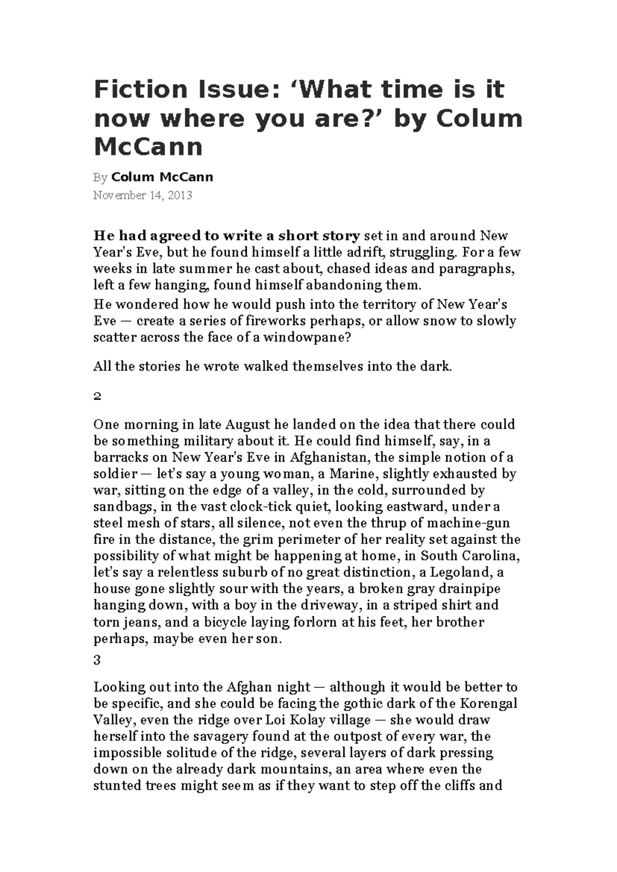 Fiction Analysis: "What Time Is It Now?" by Colum McCann - Studocu