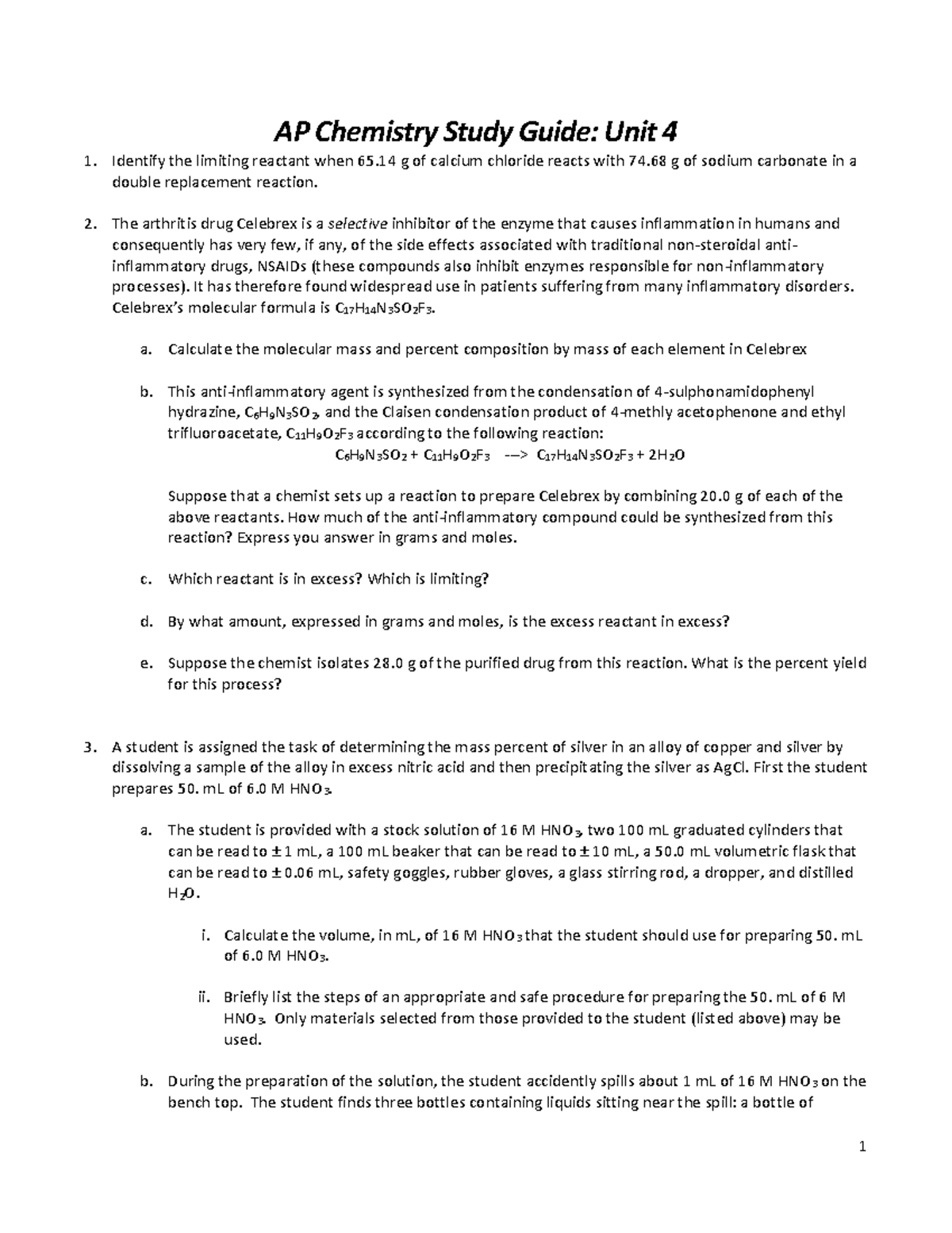 Unit 4 study guide - AP Chemistry Study Guide: Unit 4 Identify the ...