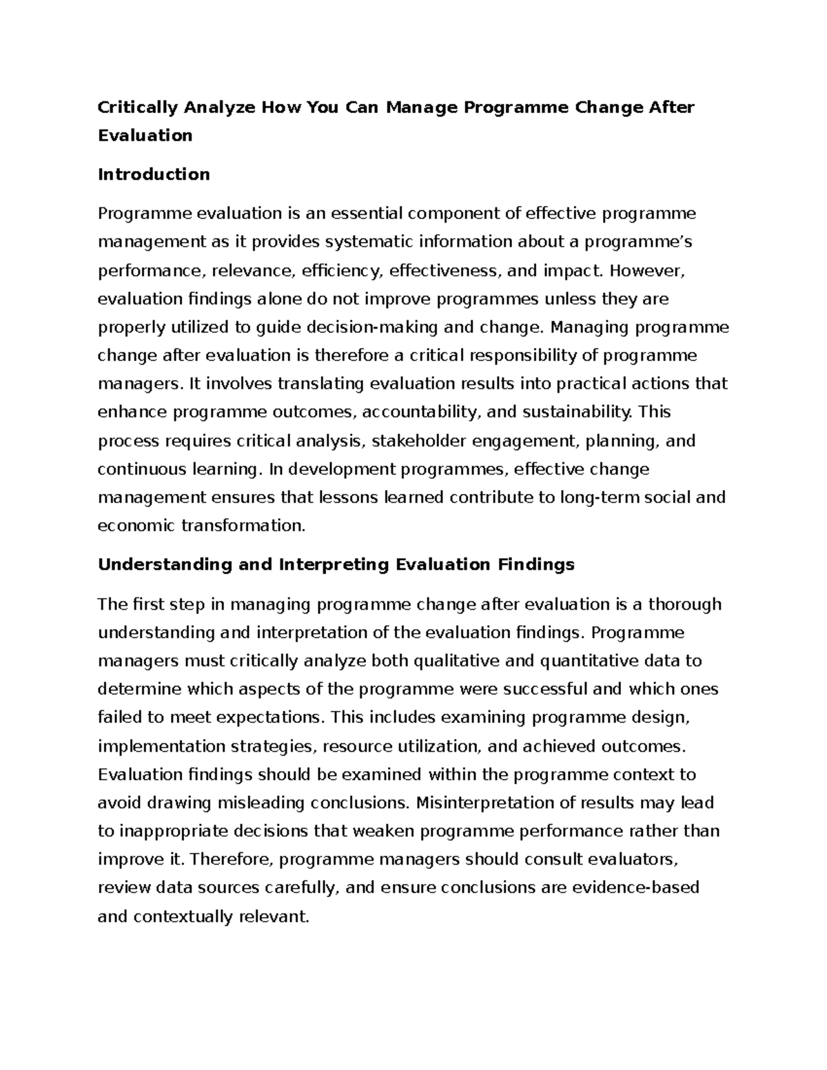 Managing Programme Change Post-Evaluation: A Critical Analysis - Studocu