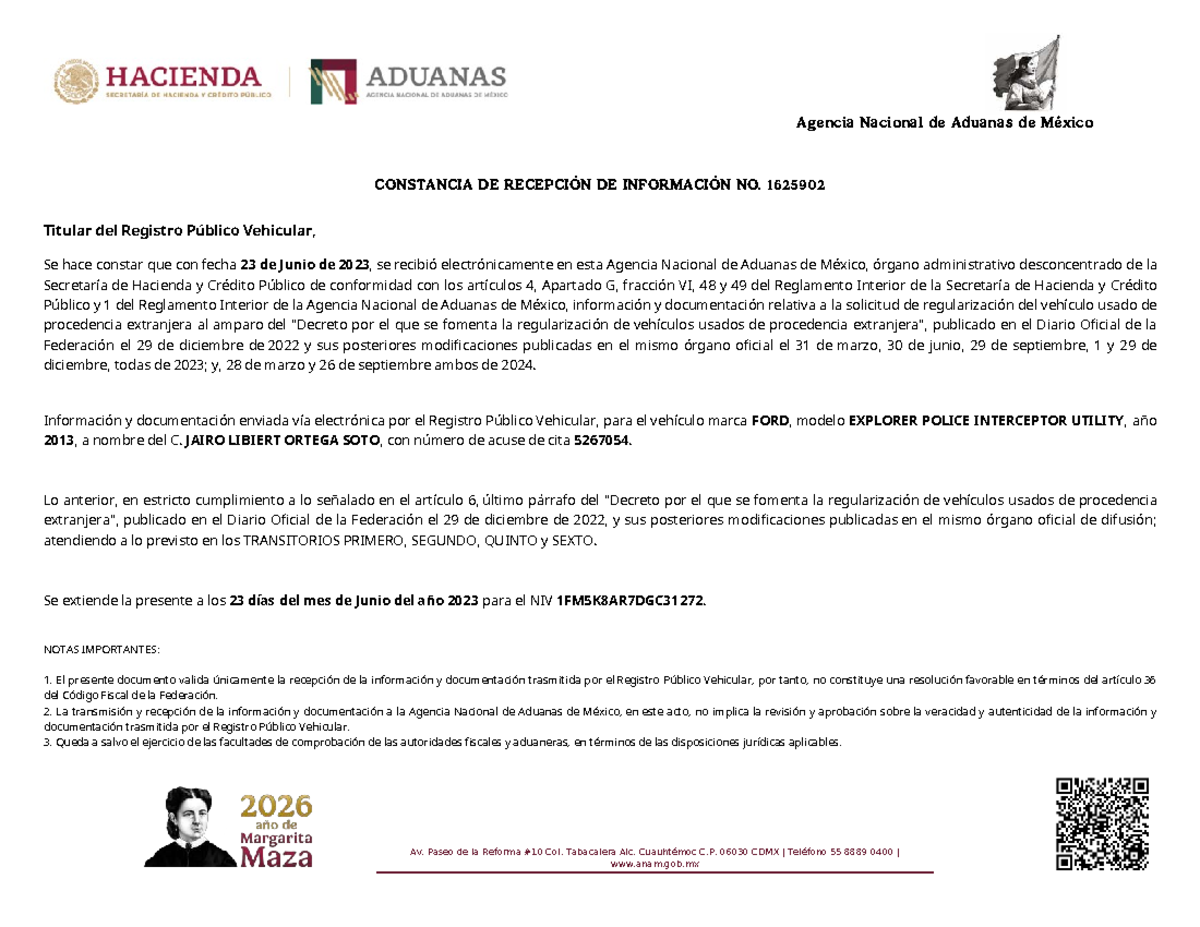 Constancia de Recepción de Información ANAM No. 1625902 - Studocu