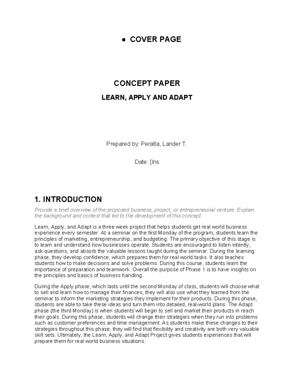 ABM 101: Business Concept Paper - Learn, Apply, and Adapt Project - Studocu