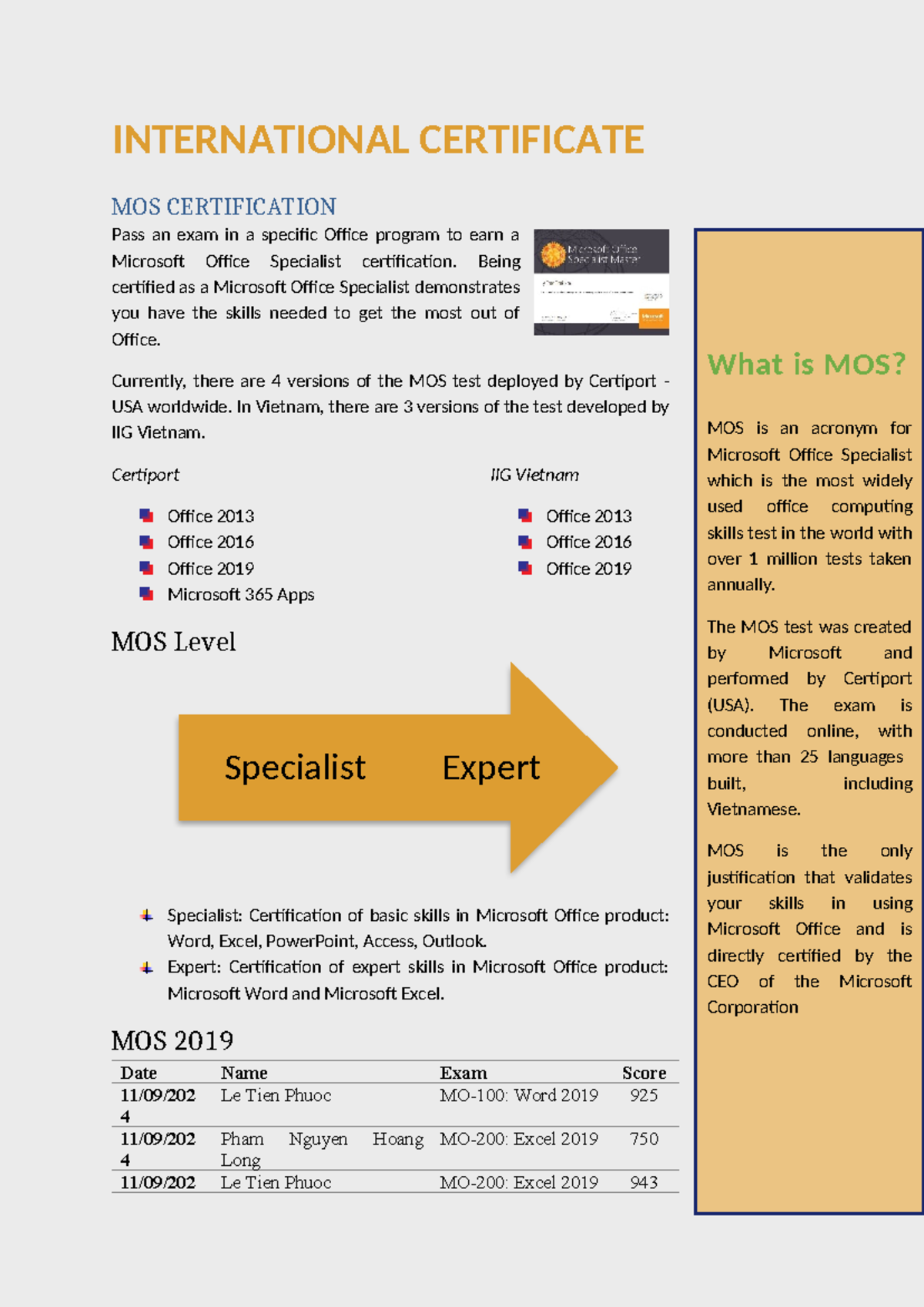 INTERNATIONAL CERTIFICATE: MOS Certification Overview and Details - Studocu