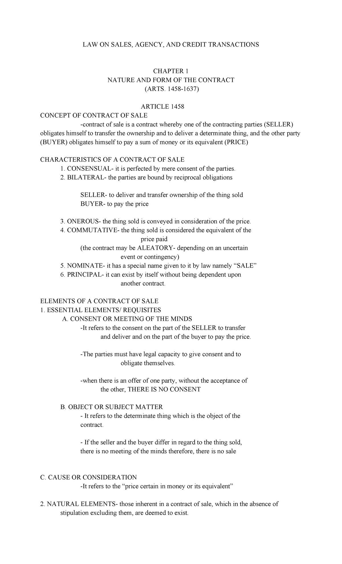 LAW ON SALES - CHAPTERS 1 TO 5 OVERVIEW AND KEY CONCEPTS - Studocu