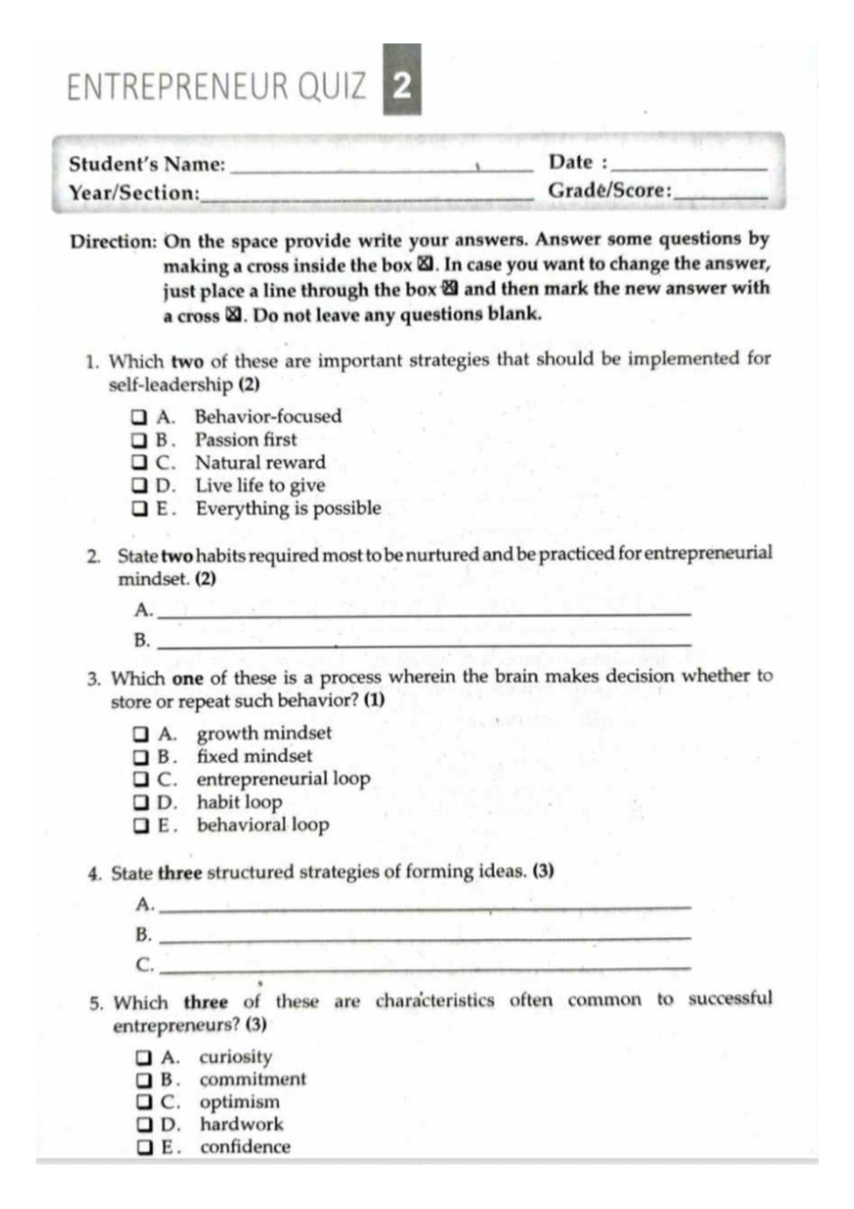 ENTREPRENEUR QUIZ 2: Strategies and Mindset Evaluation - Studocu