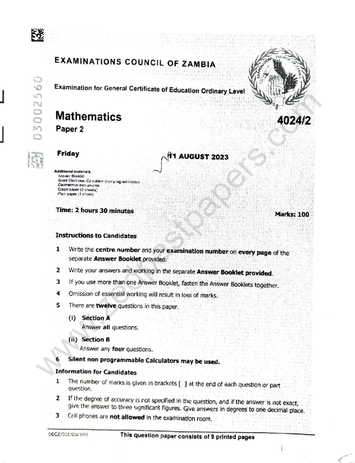G12 Mathematics Paper 2 Exam 2023 - GCE Ordinary Level - Studocu